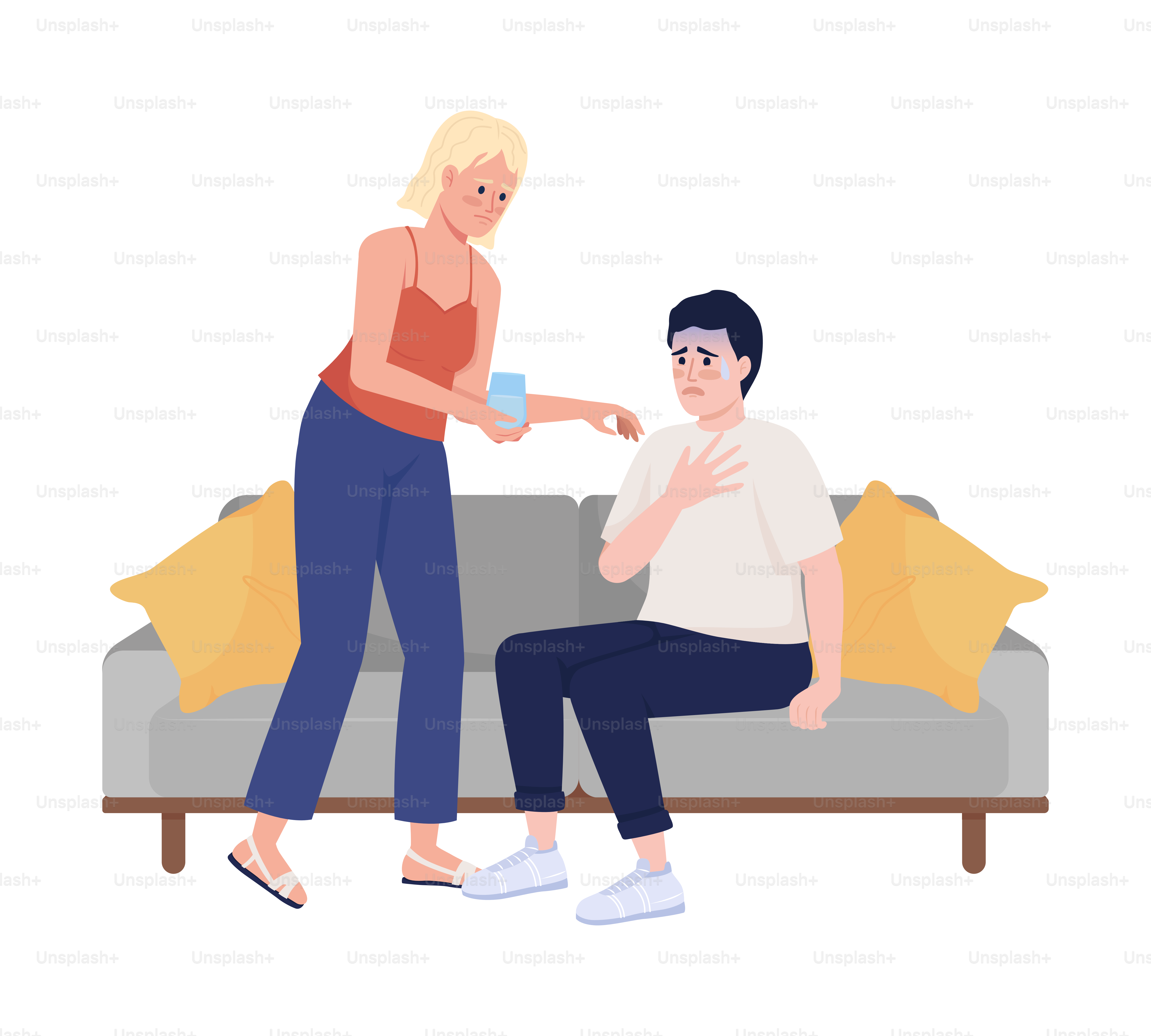 Woman calming down stressed friend semi flat color vector characters ...