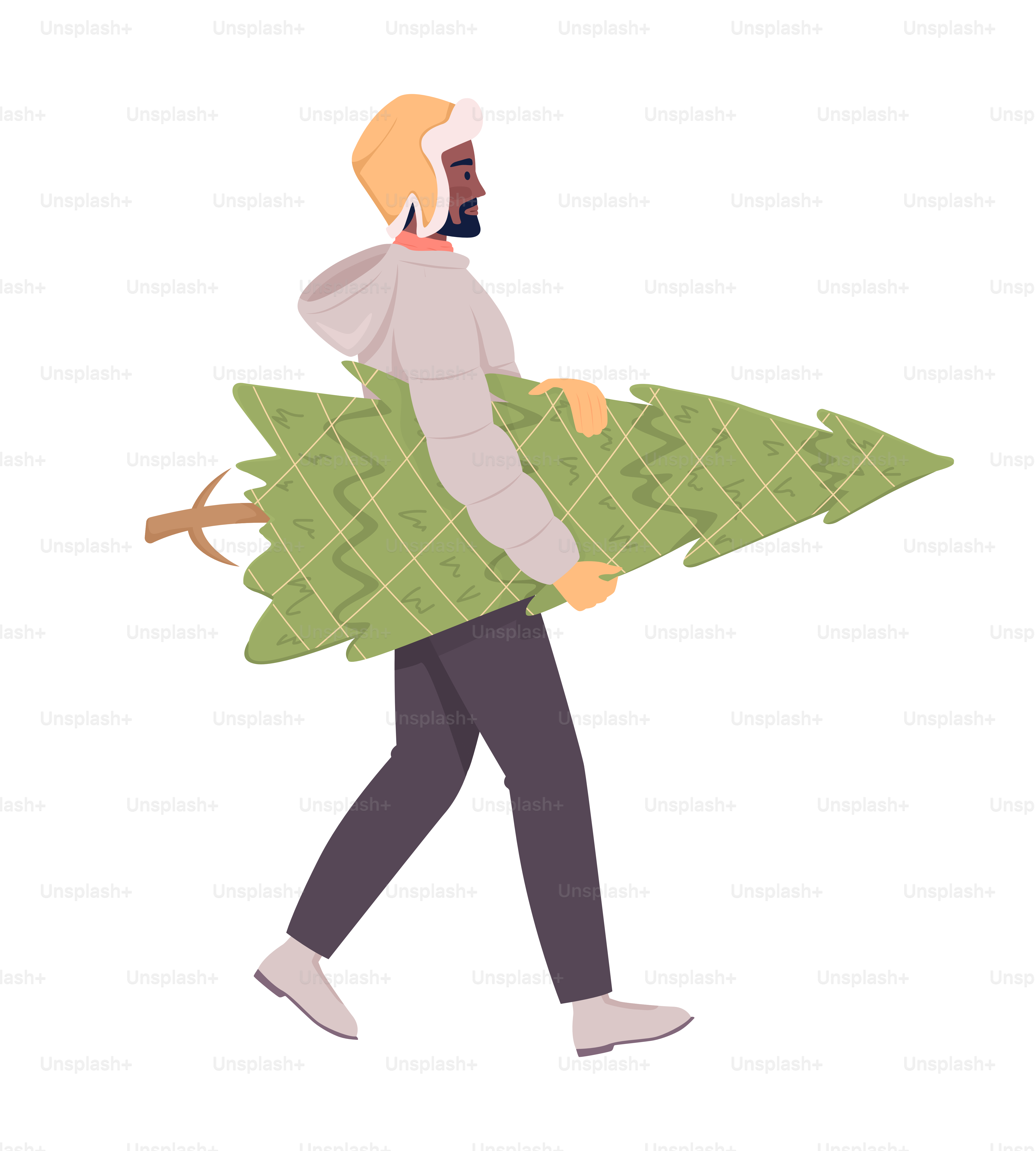 Adult man walking home with real Christmas tree semi flat color vector ...