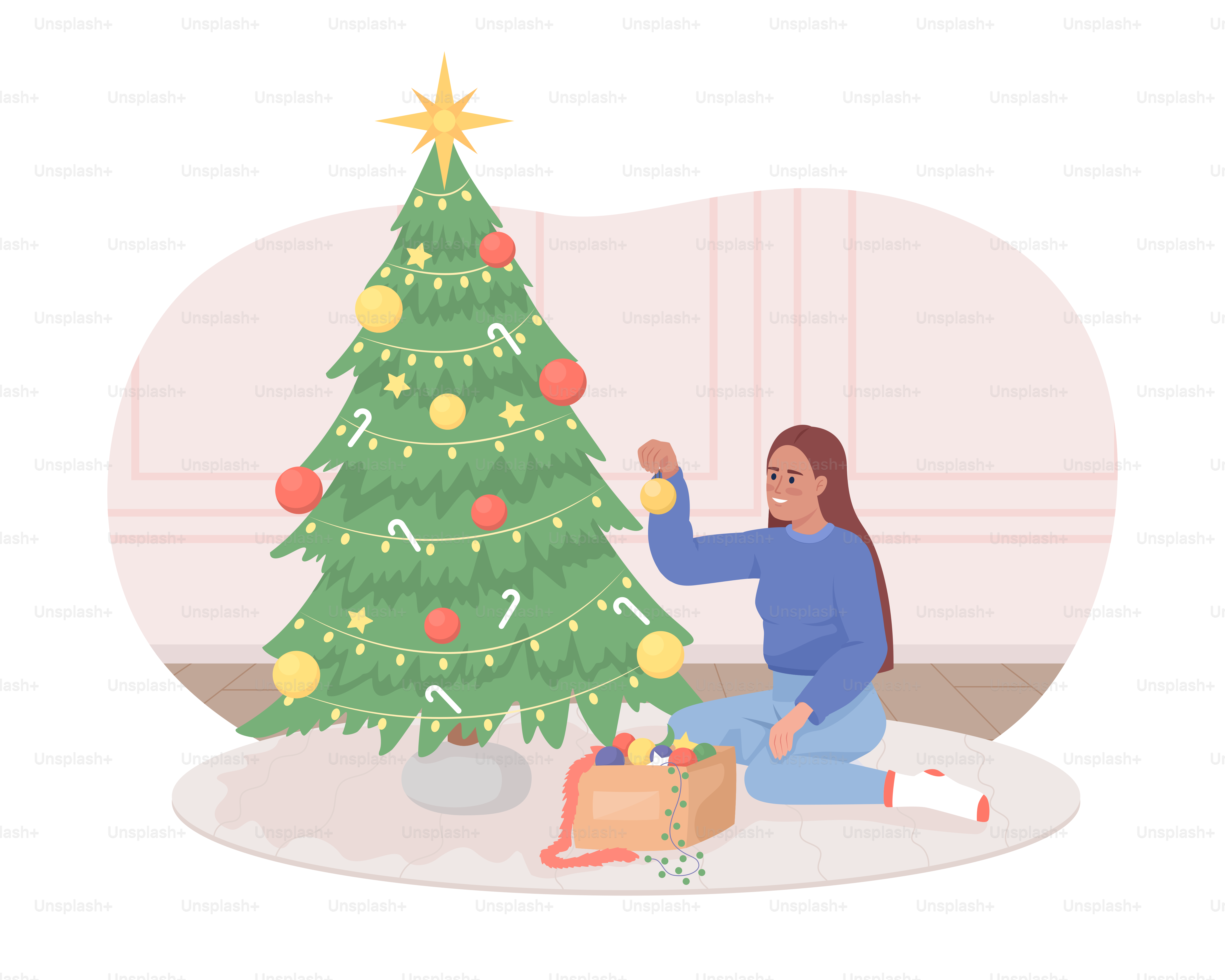 Decorating Christmas tree 2D vector isolated illustration. Happy flat ...