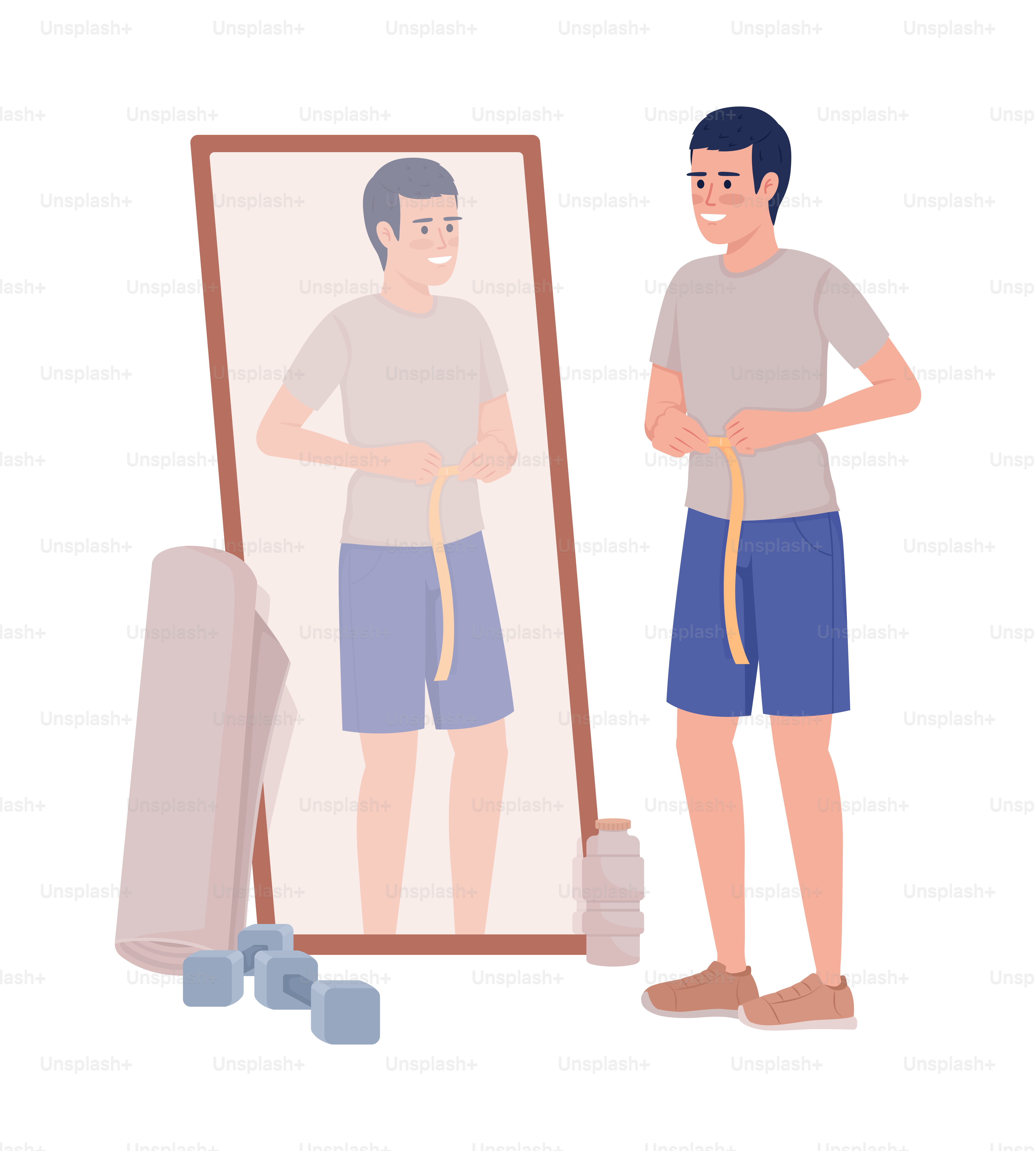 Smiling man measuring waist semi flat color vector character. Editable ...