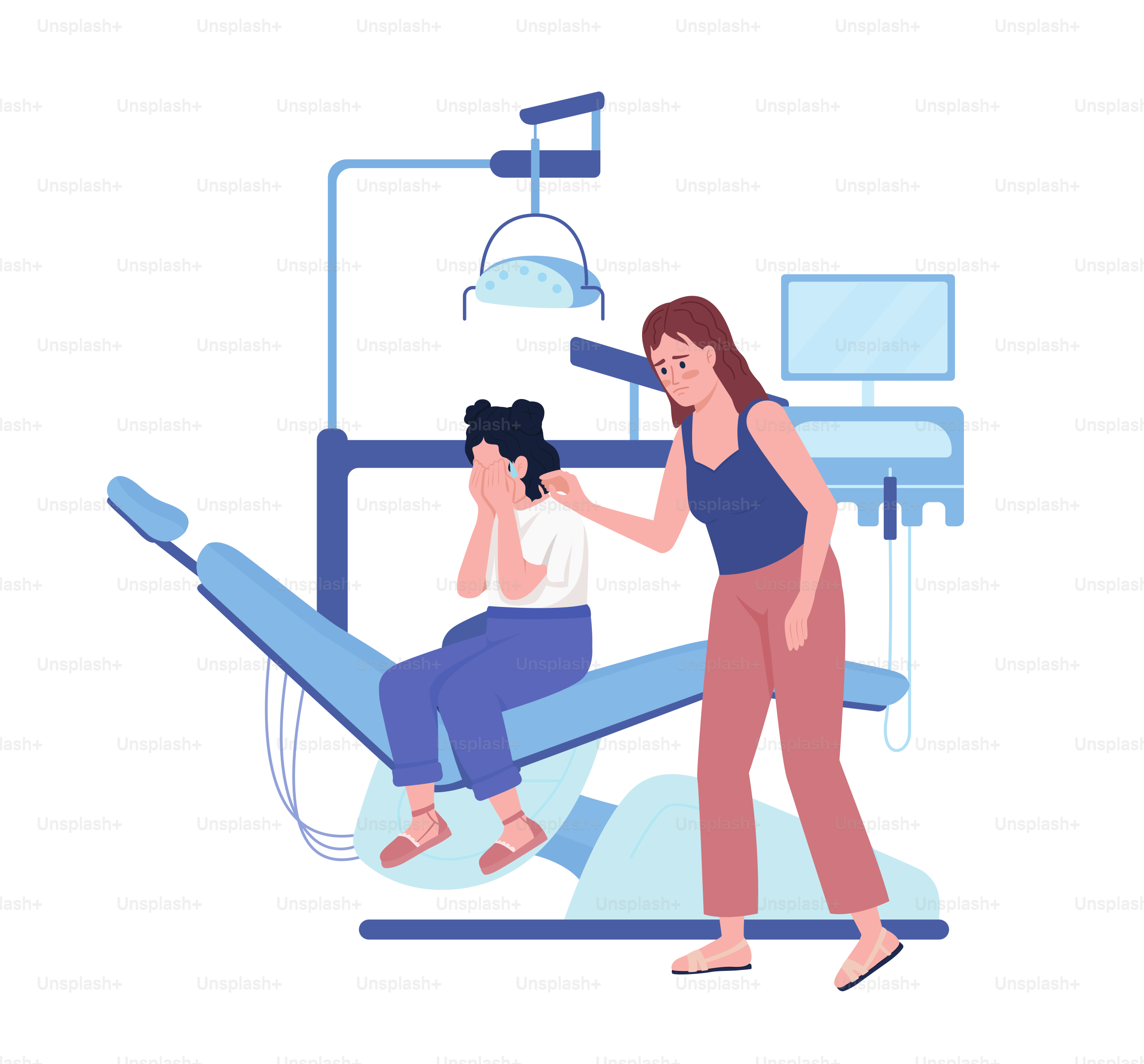 Mother with crying daughter in dentist office semi flat color vector ...