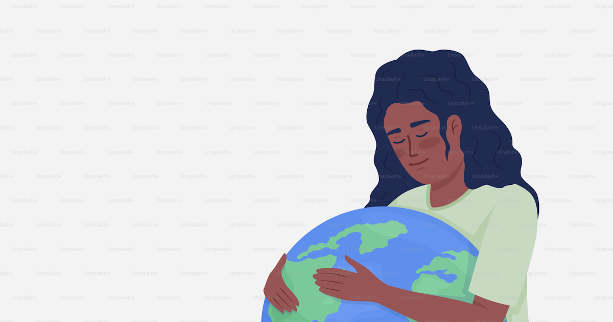 지구 세미 플랫 컬러 벡터 캐릭터를 껴안고 있는 행복한 여자 편집 가능한 그림입니다 흰색에 전신 사람 자연 관리 간단한 만화 스타일 일러스트레이션 웹 그래픽 디자인 및