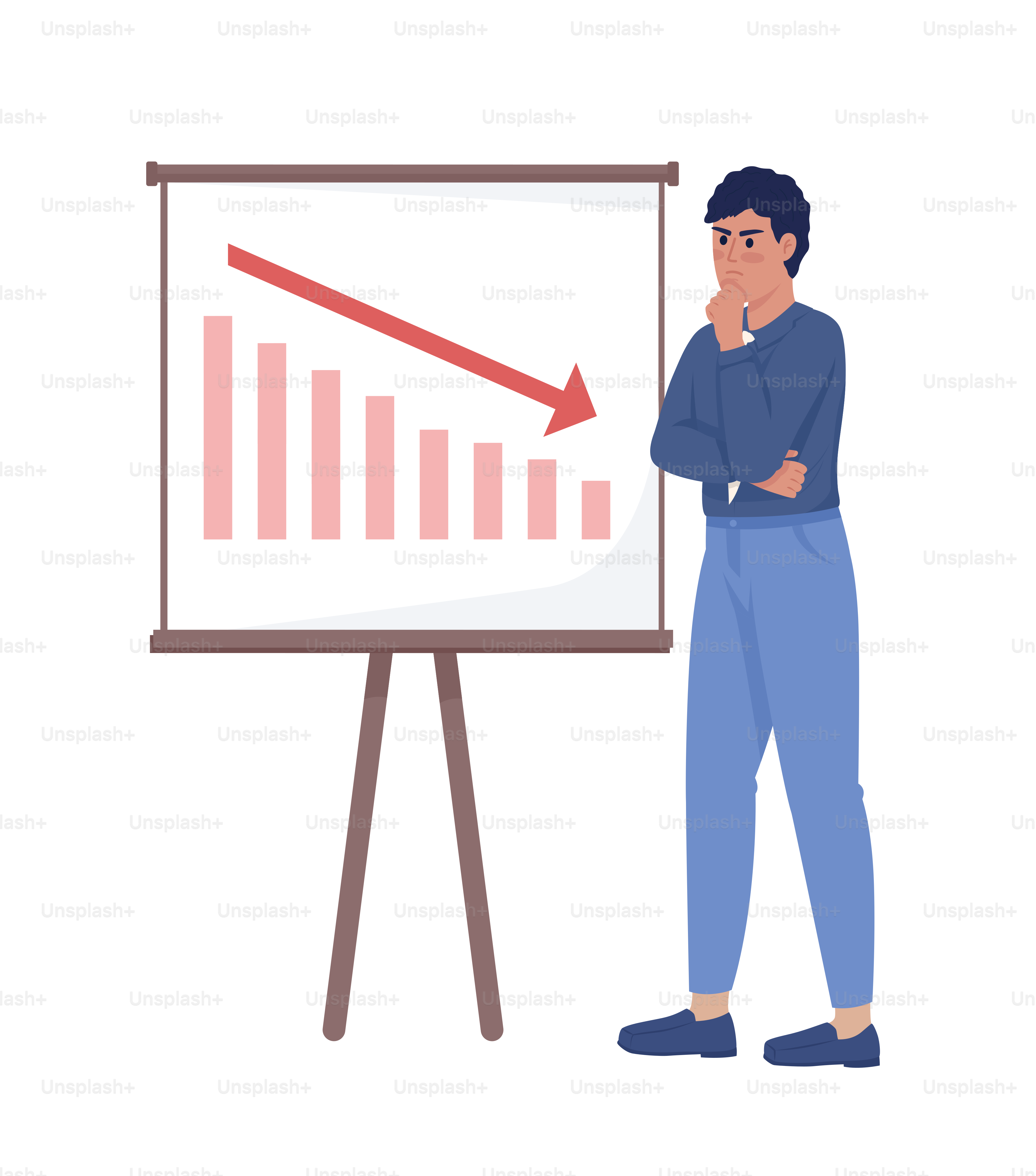 Thoughtful man near failure graph semi flat color vector character ...