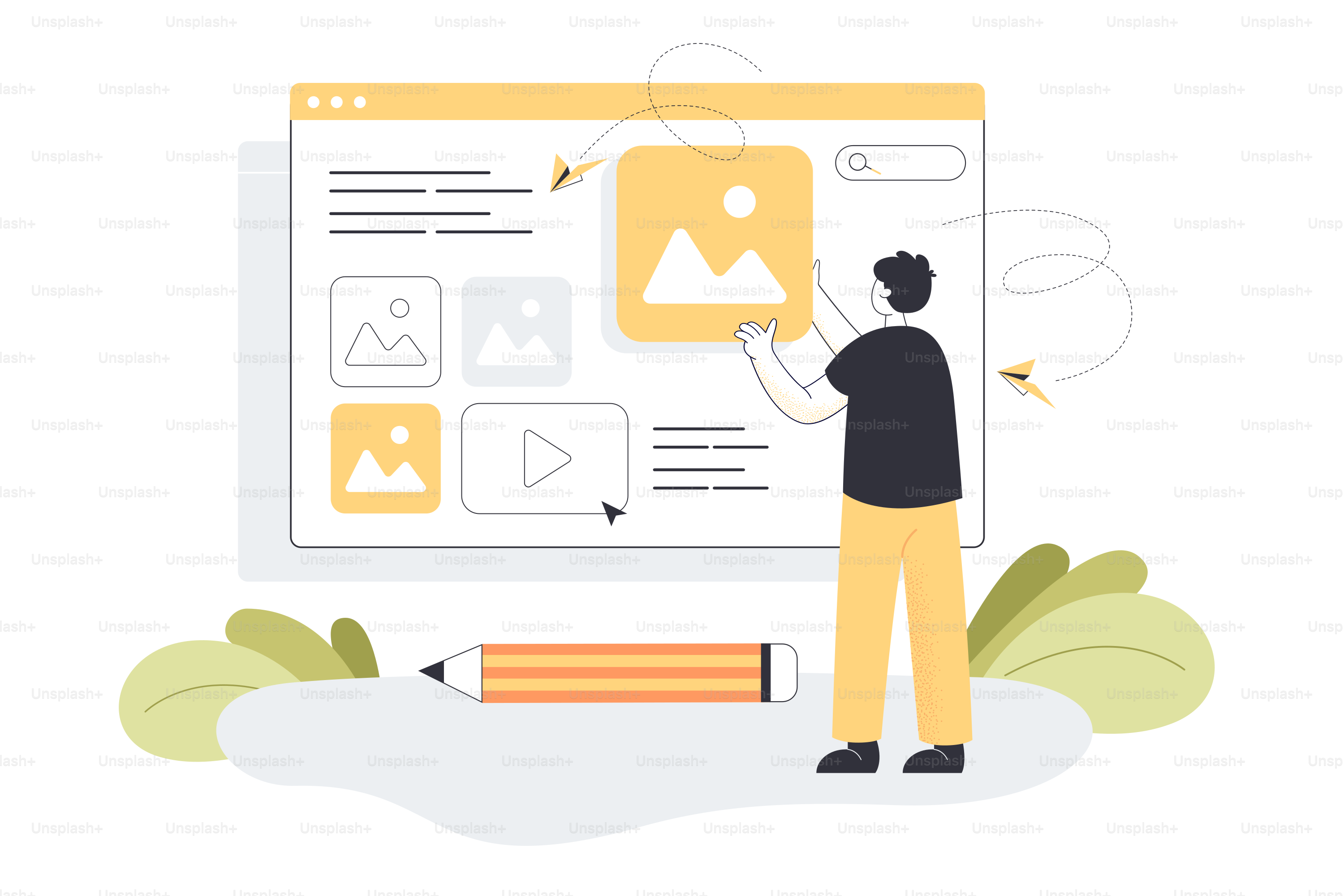 온라인 디지털 콘텐츠를 게시하는 작은 제작자 남성 블로거 또는 편집자는 새로운 블로그 게시물 플랫 벡터 일러스트레이션에 창의적인 사진 및 비디오 데이터를 추가합니다 소셜