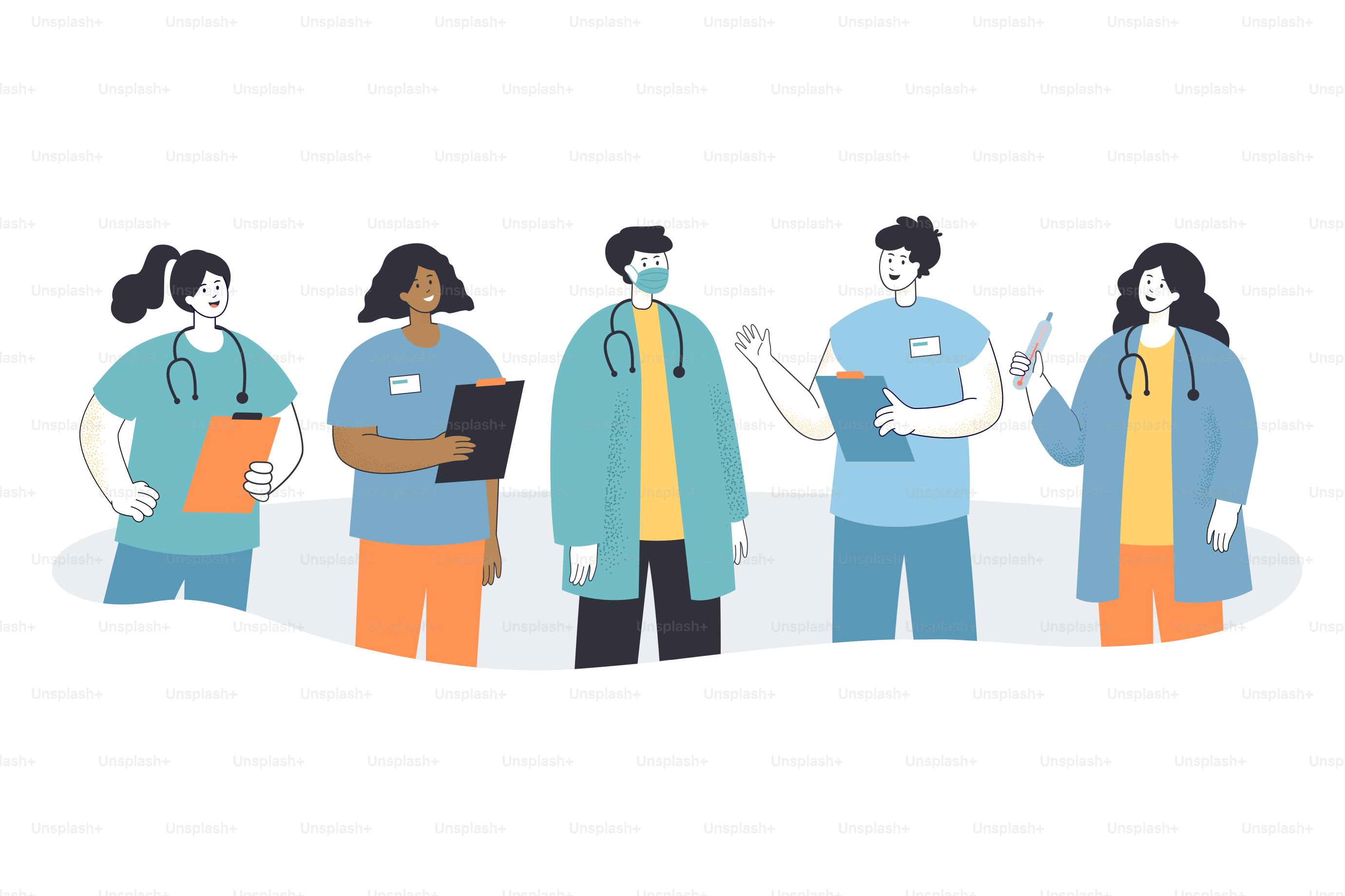 Team of cartoon hospital or clinic staff in masks. Group of male and ...