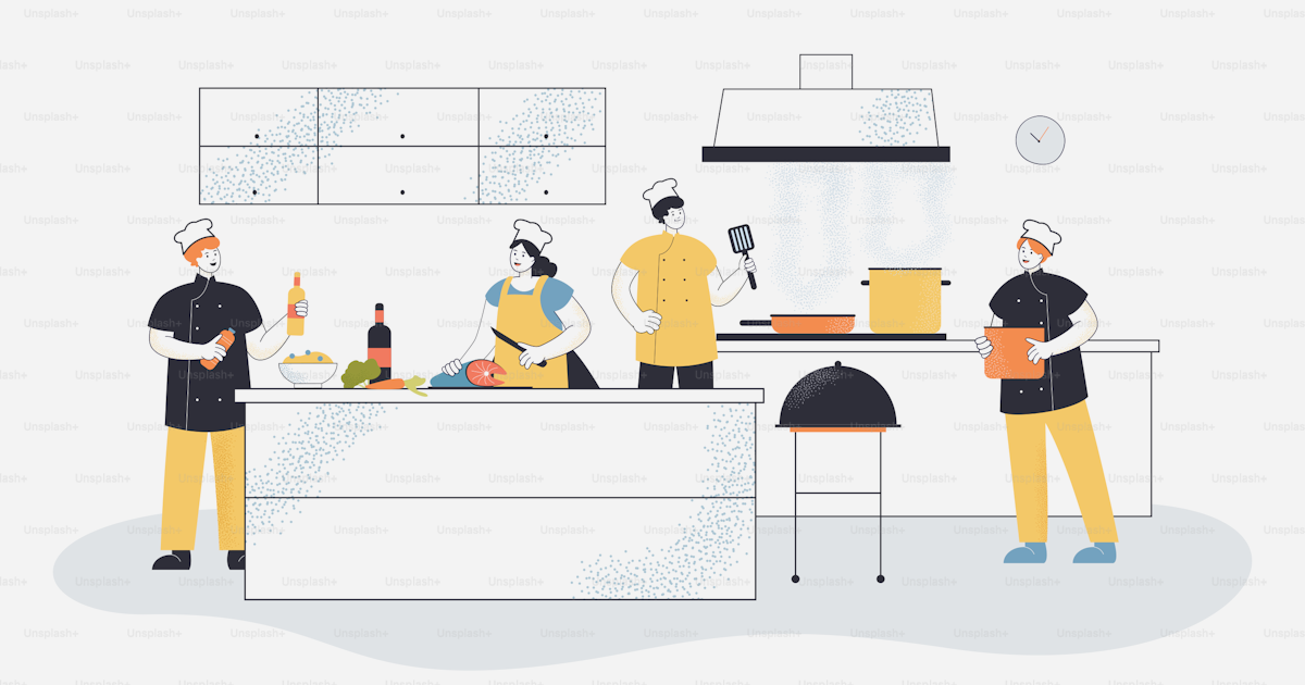 상업용 주방에서 요리하는 전문 요리사 스토브와 장비 내부 플랫 벡터 일러스트레이션을 사용하여 요리합니다 카페 레스토랑 배너 웹 사이트 디자인 또는 랜딩 페이지에