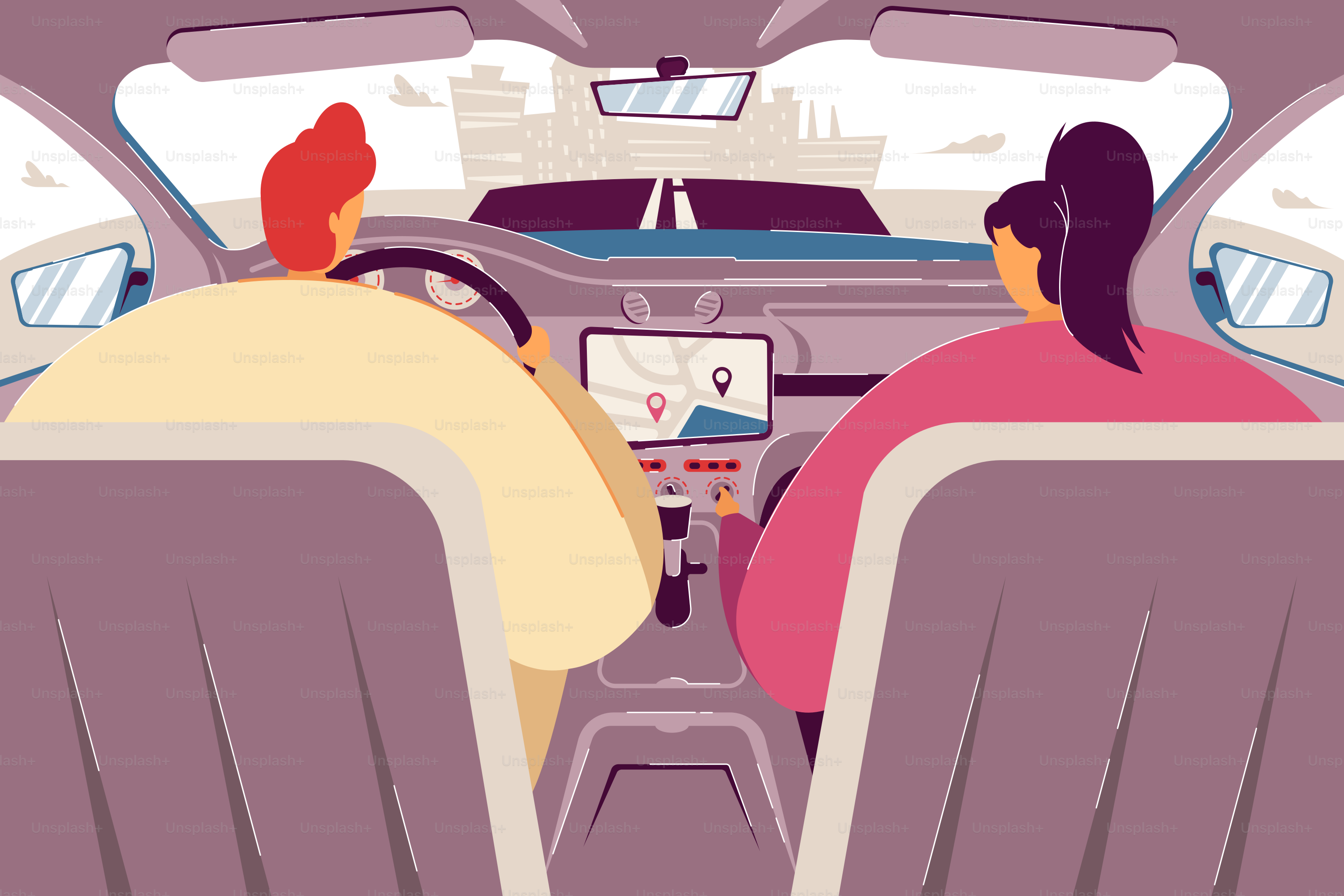 Driver and passenger using navigation app inside car. Backseat view of ...