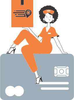 The girl sits on a bank card and holds a parcel. Parcel delivery ...