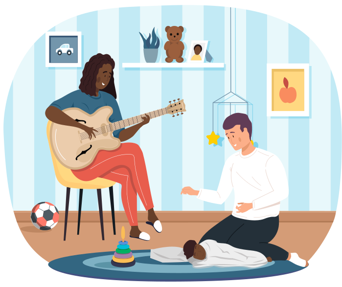 Woman sings song to husband. Mom plays guitar. Dad puts baby to bed ...