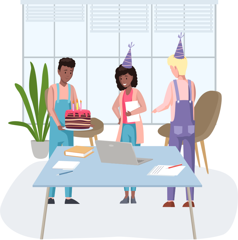 Birthday party in office flat vector illustration. Workers organize ...