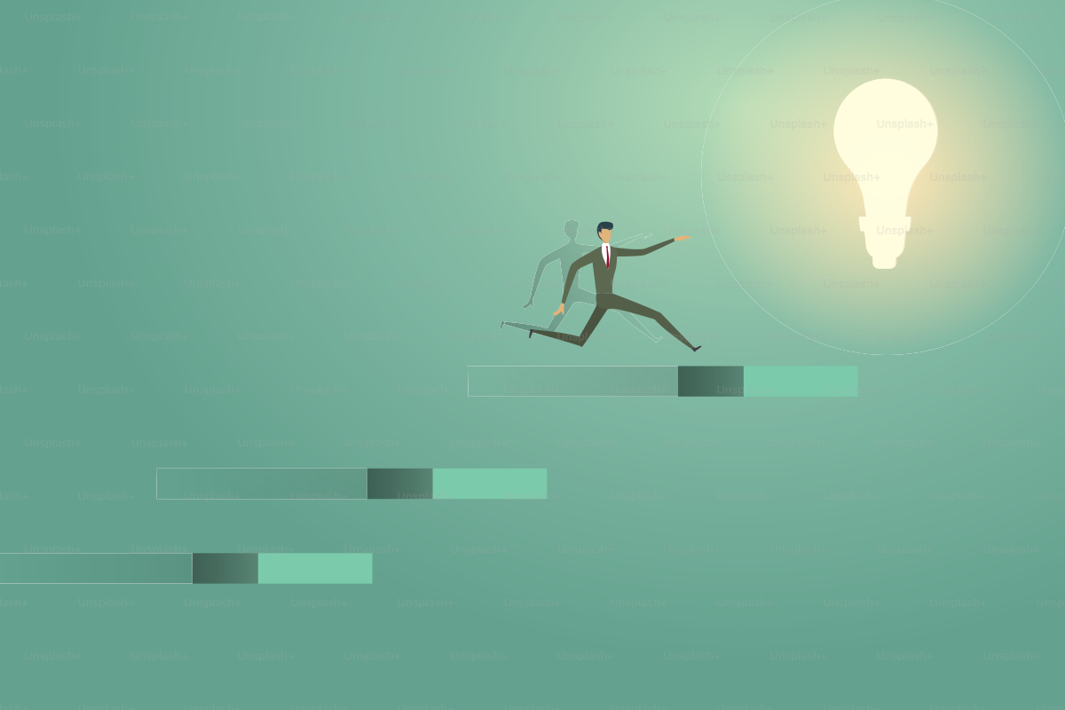 Businessman jumping go on lightbulb creative concept solution ambition ...