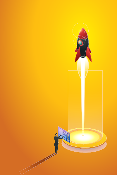 Startup business man launching a rocket analysis his company growth ...