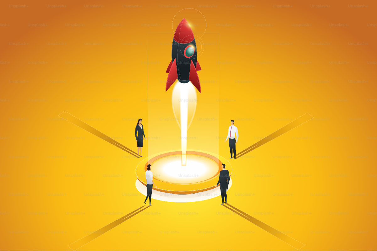 Startup business group people launching a rocket. Flat 3d isometric ...