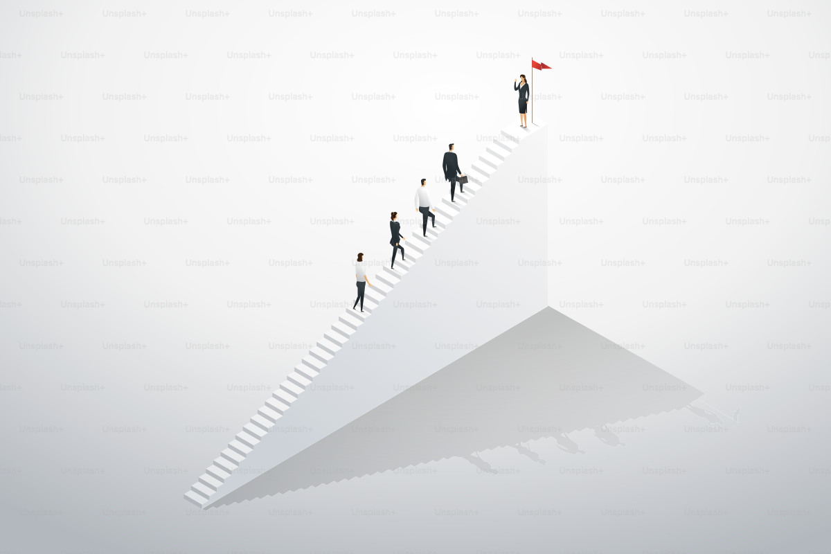 Businesswoman leader business team climbing stairs step on success ...