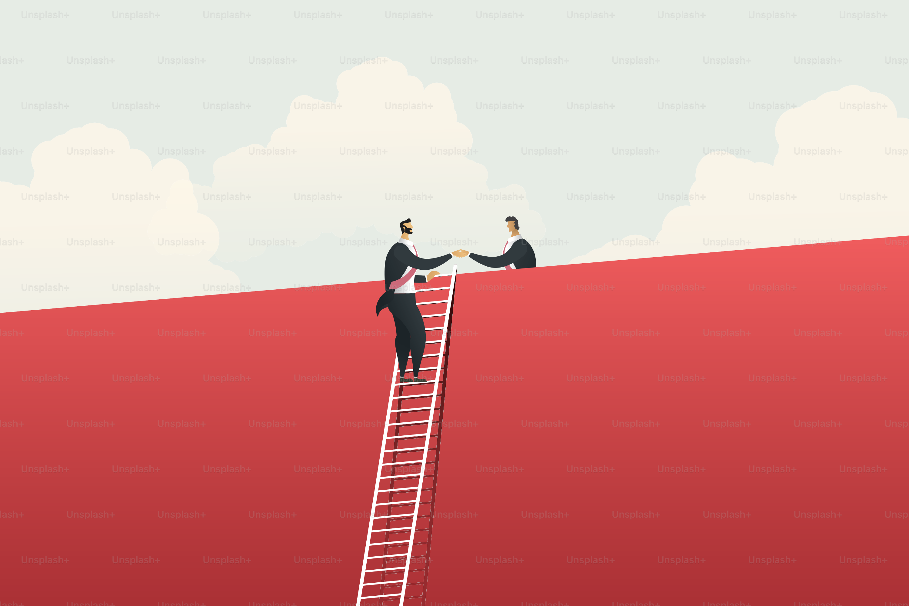 Business people climbing ladder shaking hands through cooperation ...