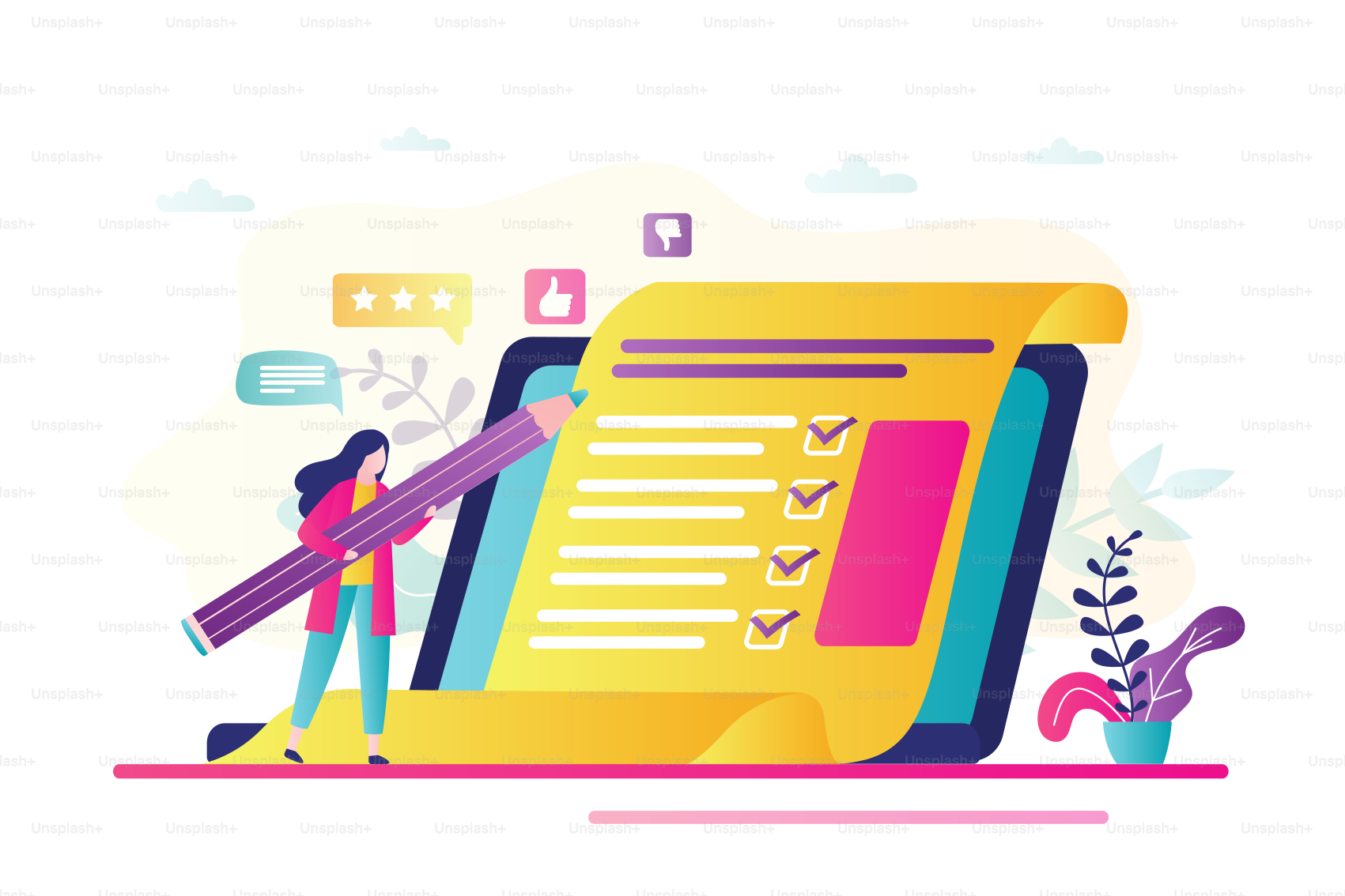 Online survey concept banner. Various people answer questions and fill ...