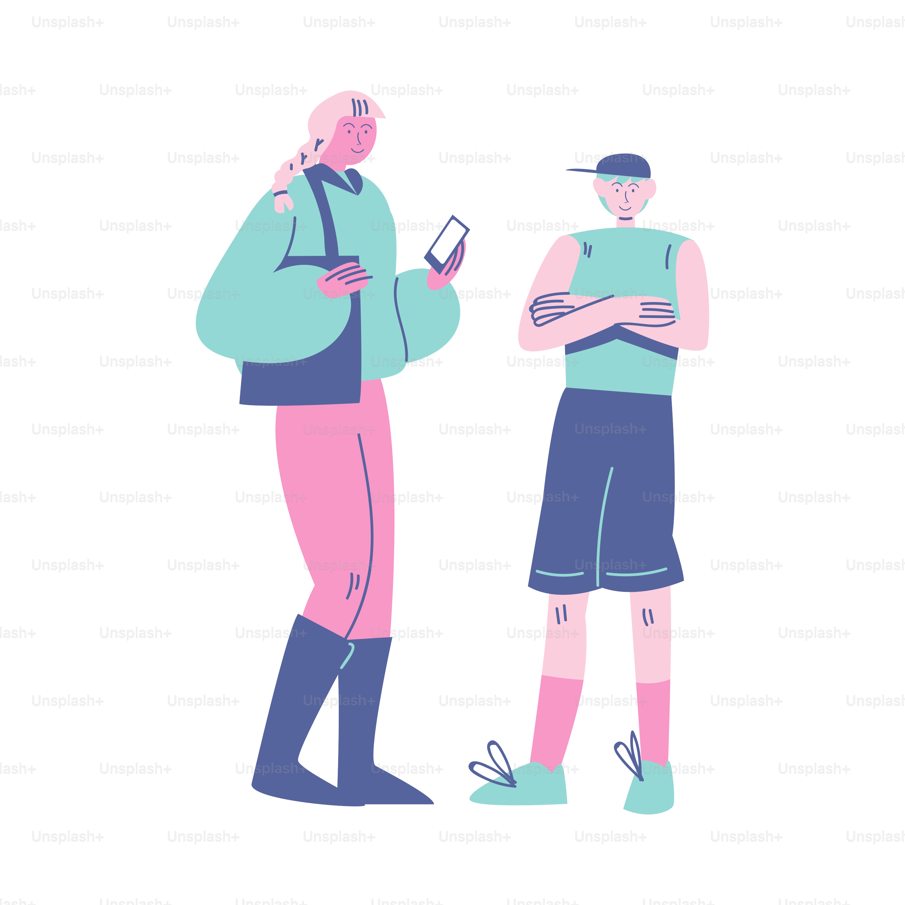 Young smiling woman with son standing in queue with smartphone and ...