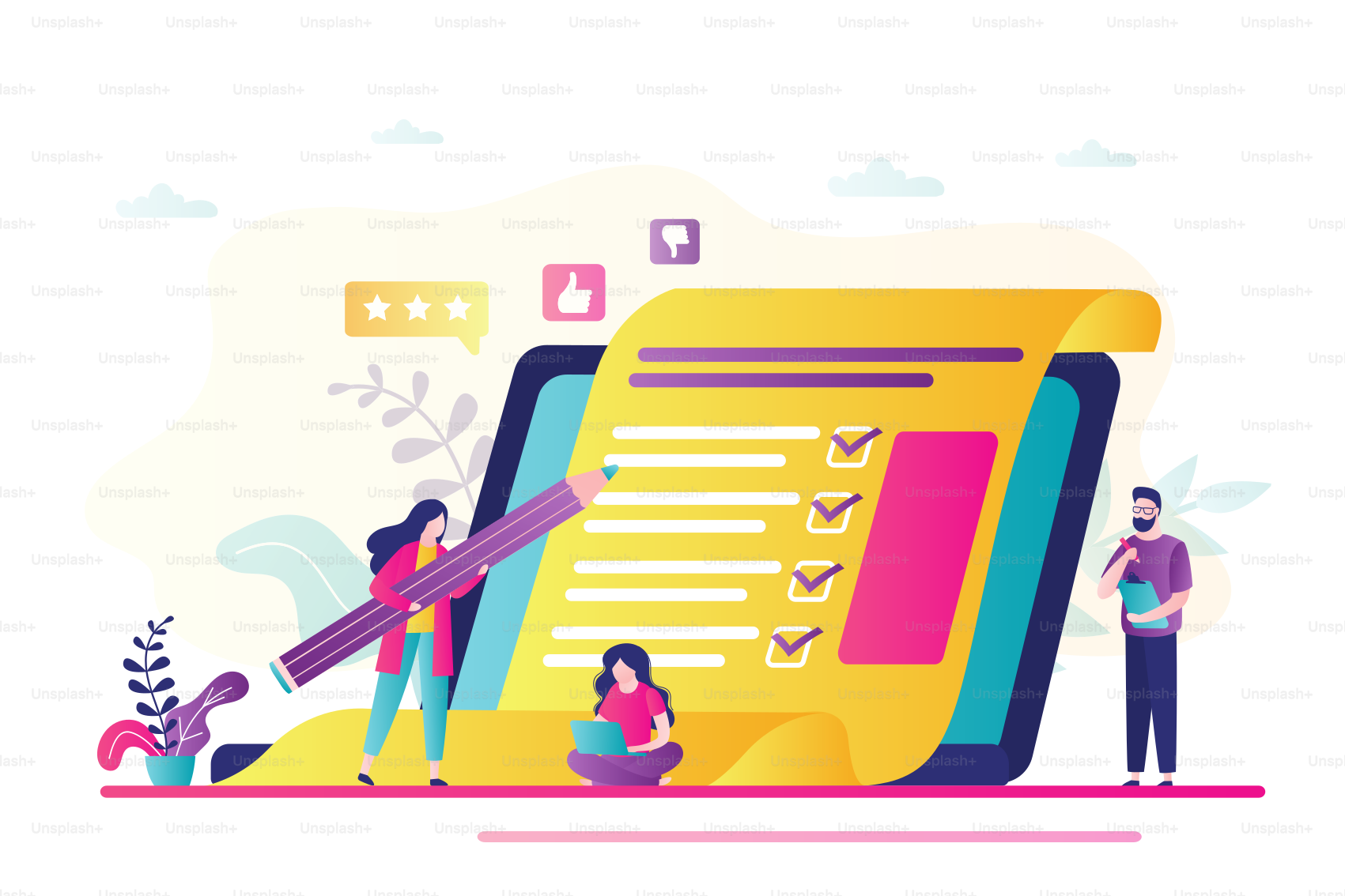 Online survey concept banner. Various people answer questions and fill ...