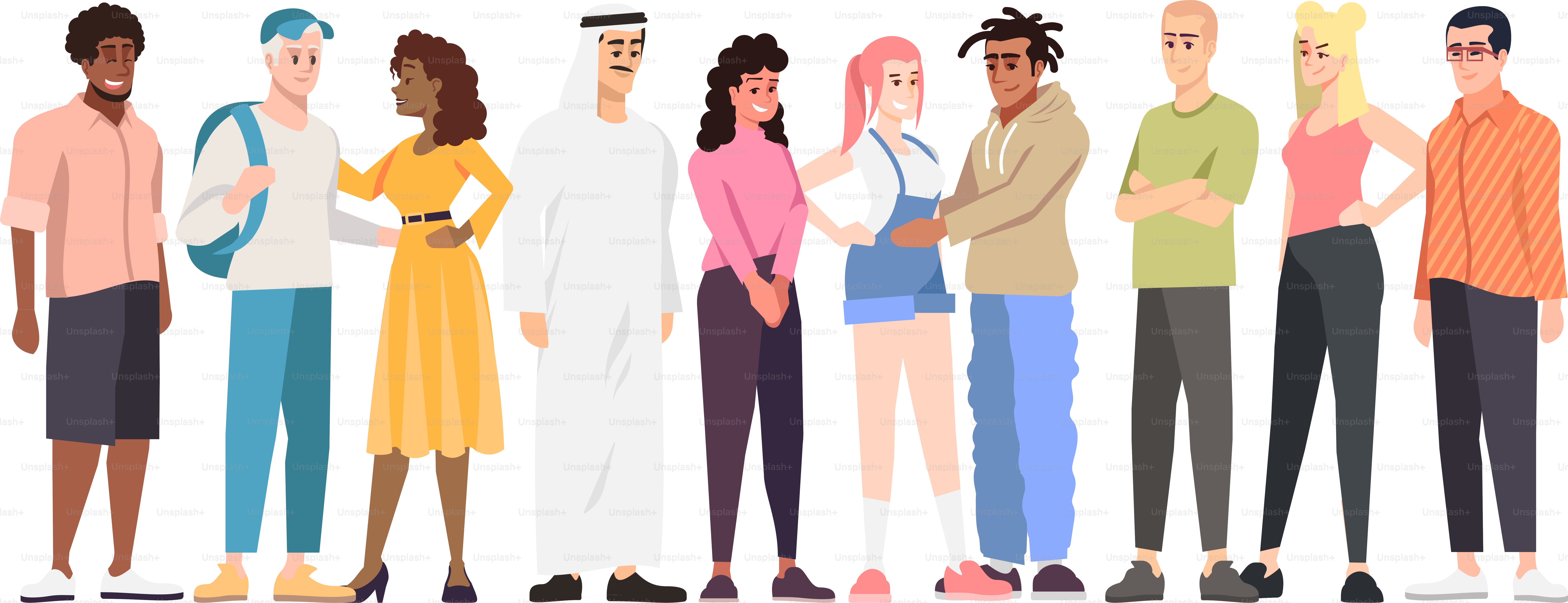 Multinational students group flat vector illustration. Multiracial ...
