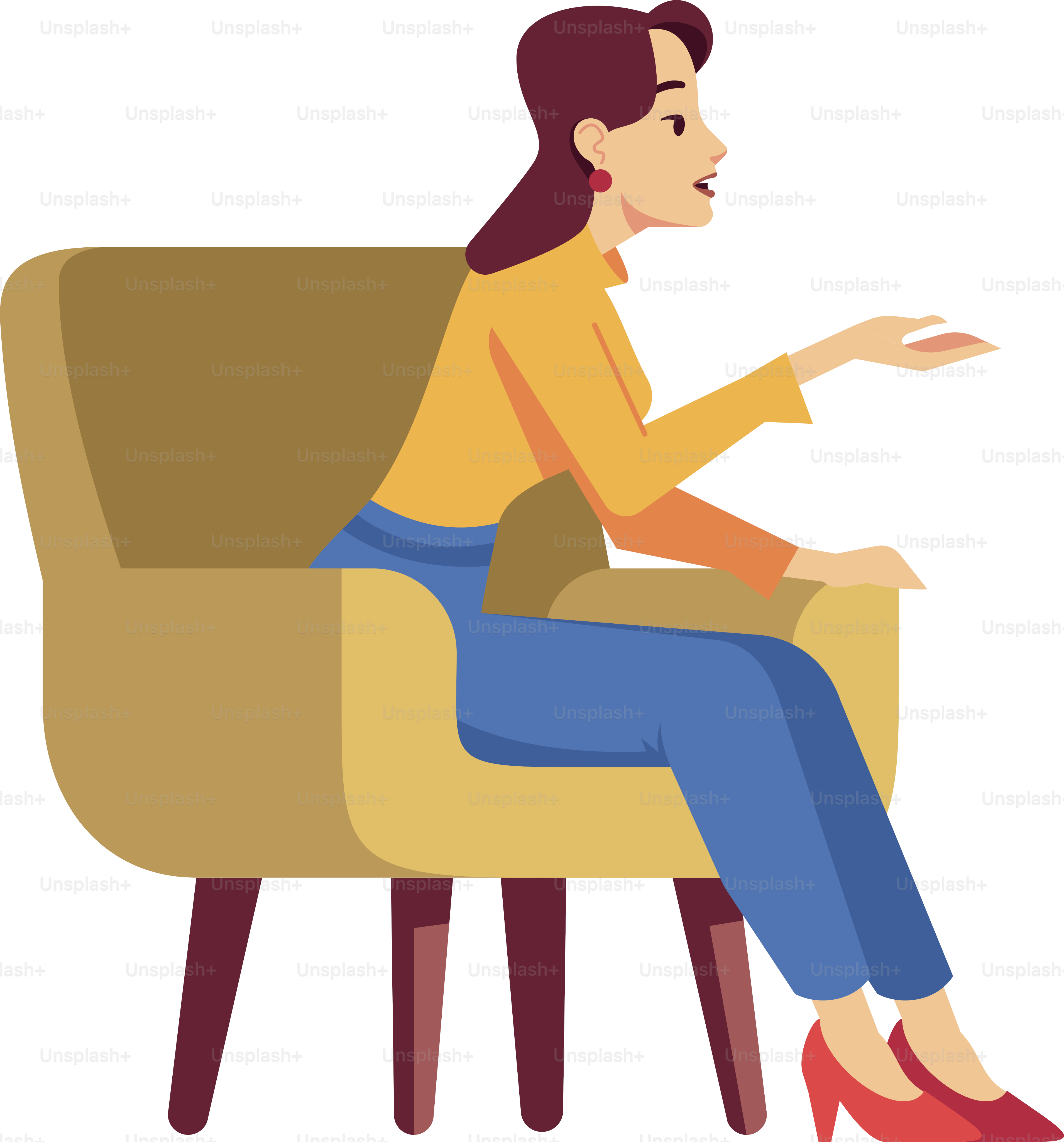 Woman in armchair semi flat RGB color vector illustration. Girl talking ...