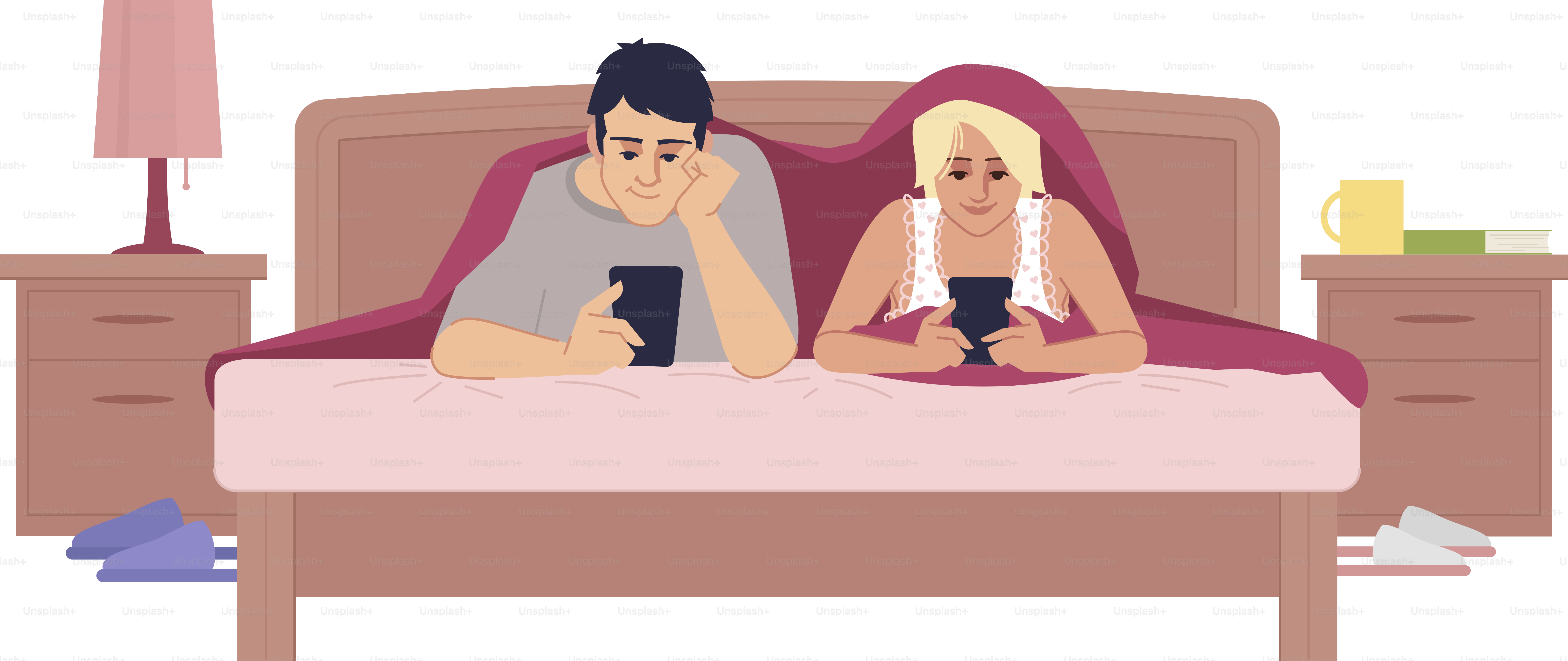 Couple under blanket with head using mobile phones semi flat RGB vector ...