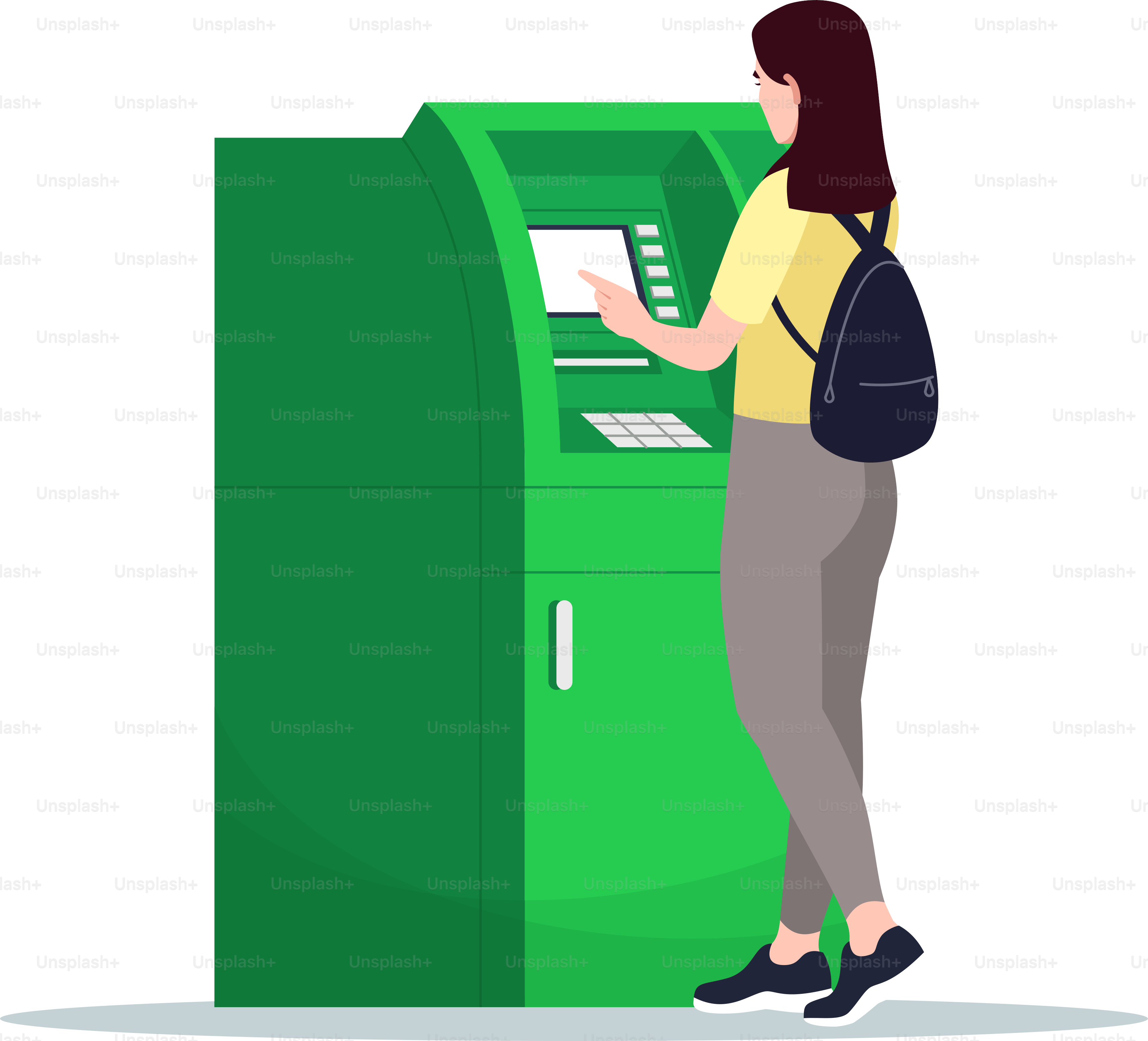 Women use ATM semi flat RGB color vector illustration. Girl withdraw ...
