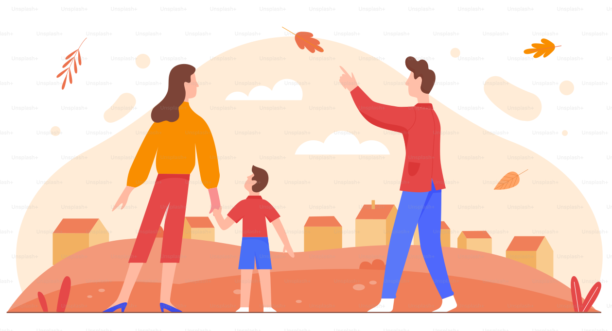 Family people enjoying city autumn vector illustration. Cartoon flat ...
