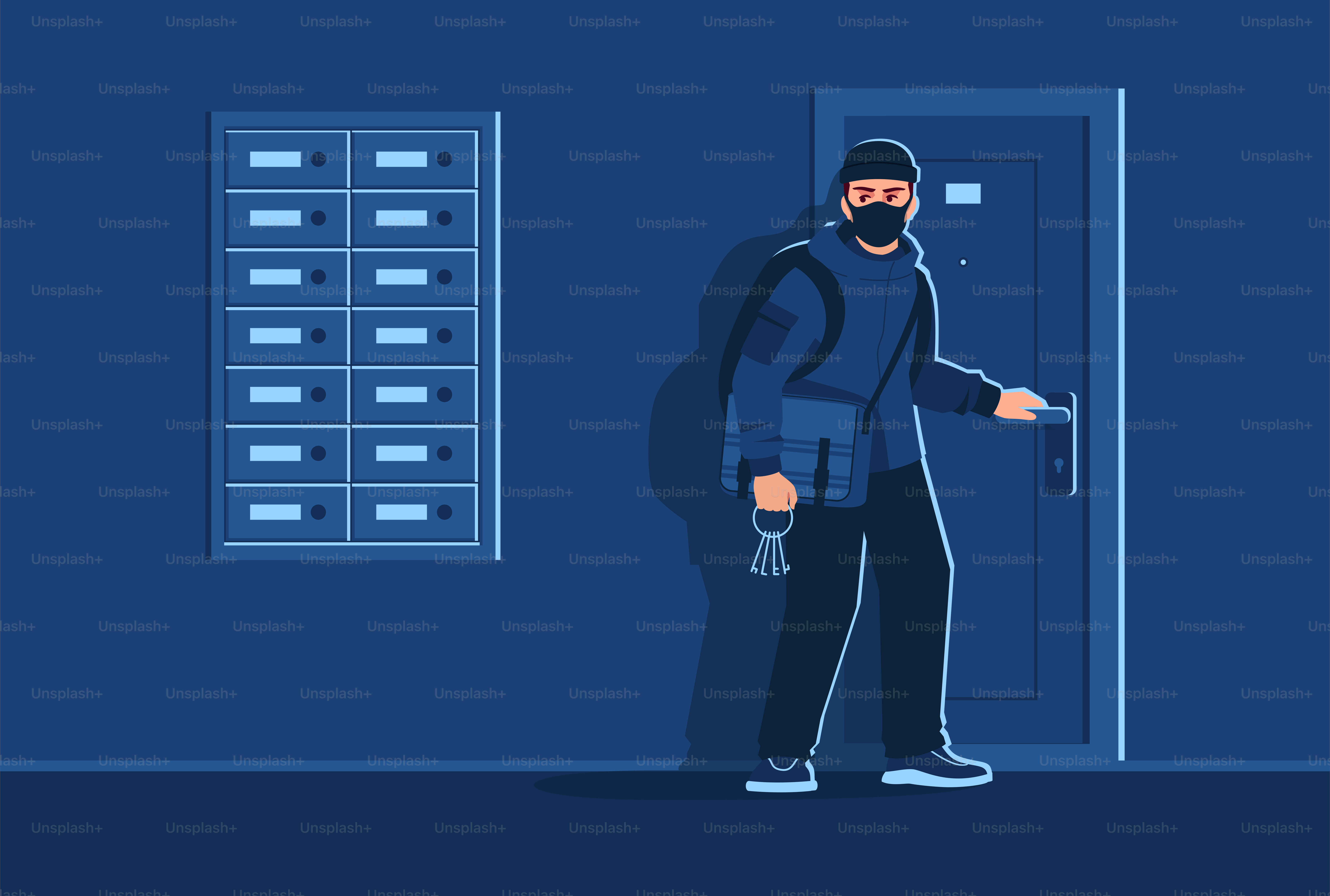 Criminal got into someone house semi flat vector illustration. Night ...