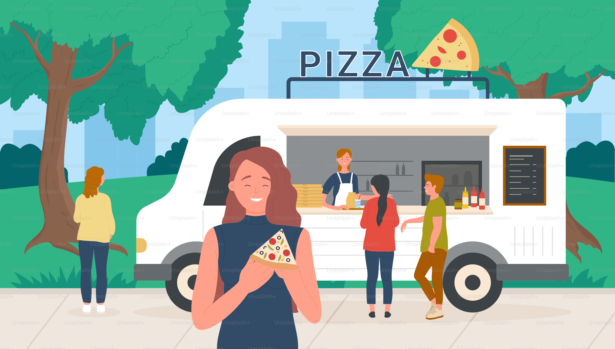 Pizza street market food truck van in summer park and people eat ...