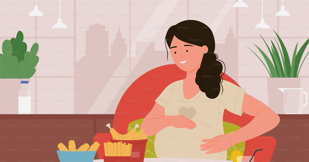 배고픈 임산부가 벡터 그림을 먹고 있다 배꼽에 손을 얹은 만화 여성 캐릭터 맛있는 패스트푸드로 가득 찬 테이블에 앉아 카페 메뉴 배경에서 건강에 해로운 정크 푸드를