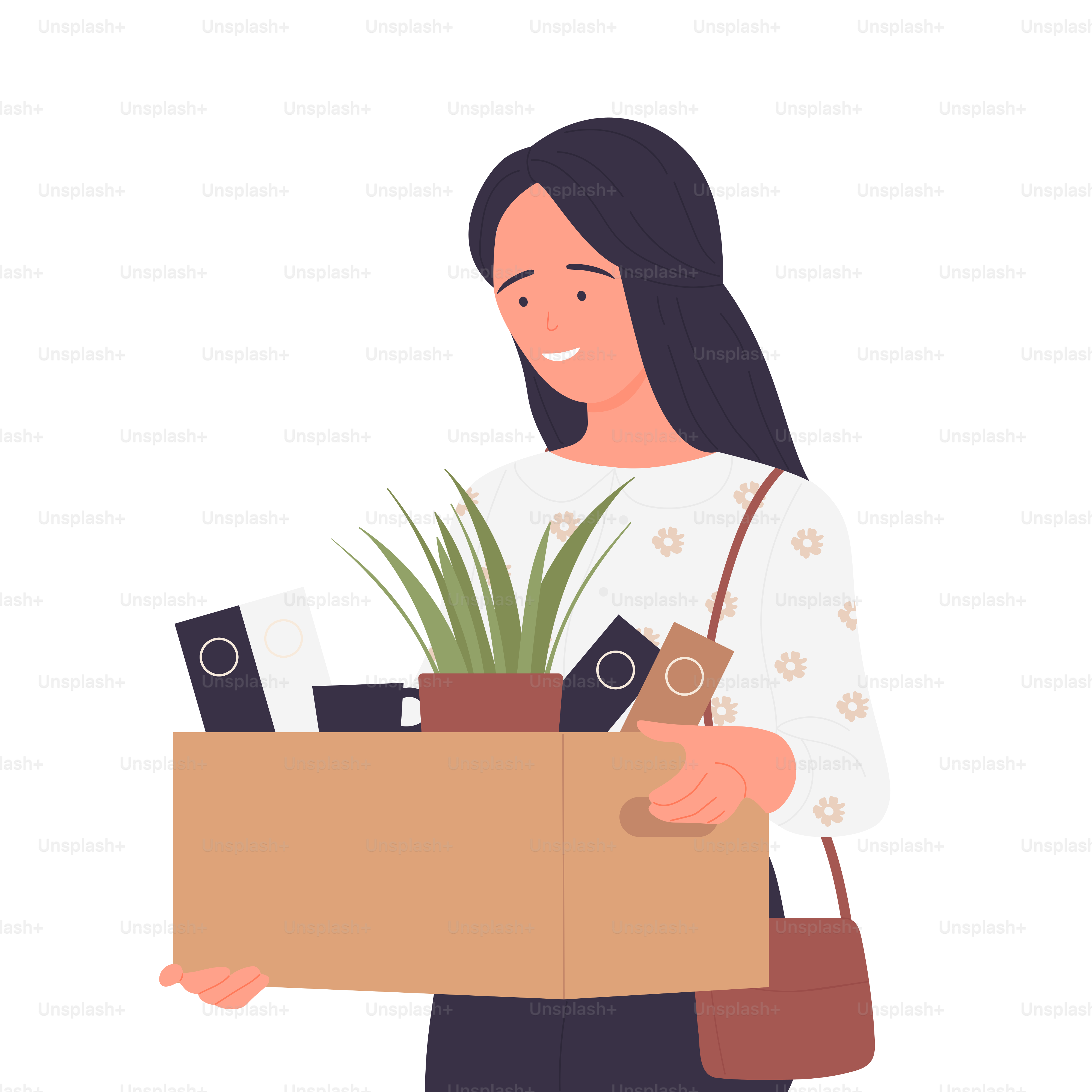 Smiling quitting girl with office box. Employee resignation, worker ...