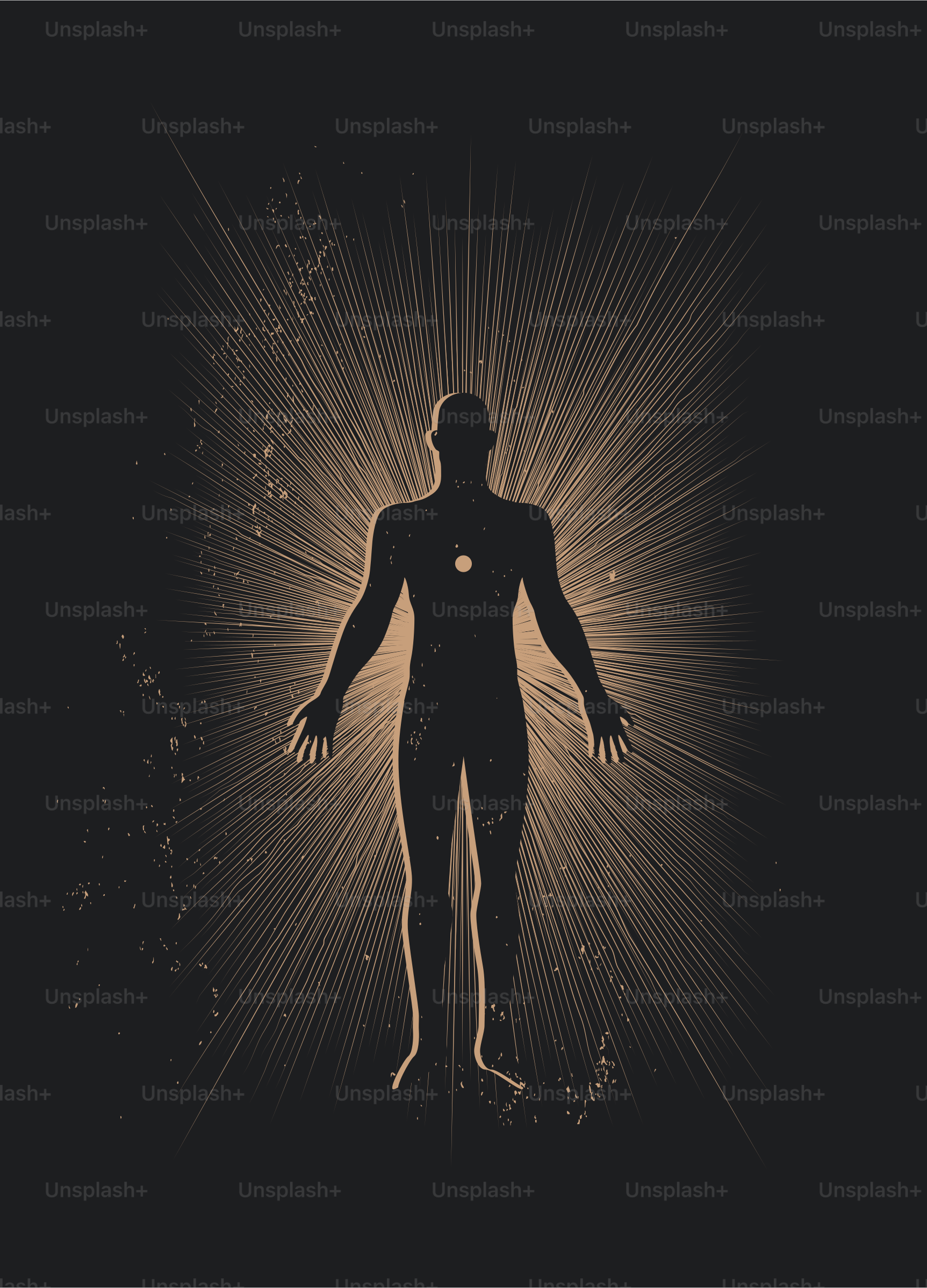 Spiritual human body silhouette surrounded sun rays on black background ...