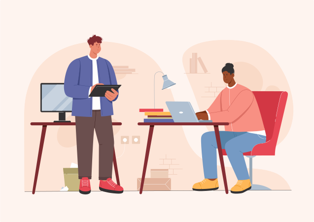 Employees work with computer and laptop in comfortable modern workspace ...