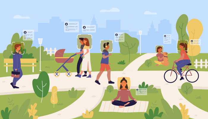Face recognition of people walking in city park vector illustration ...