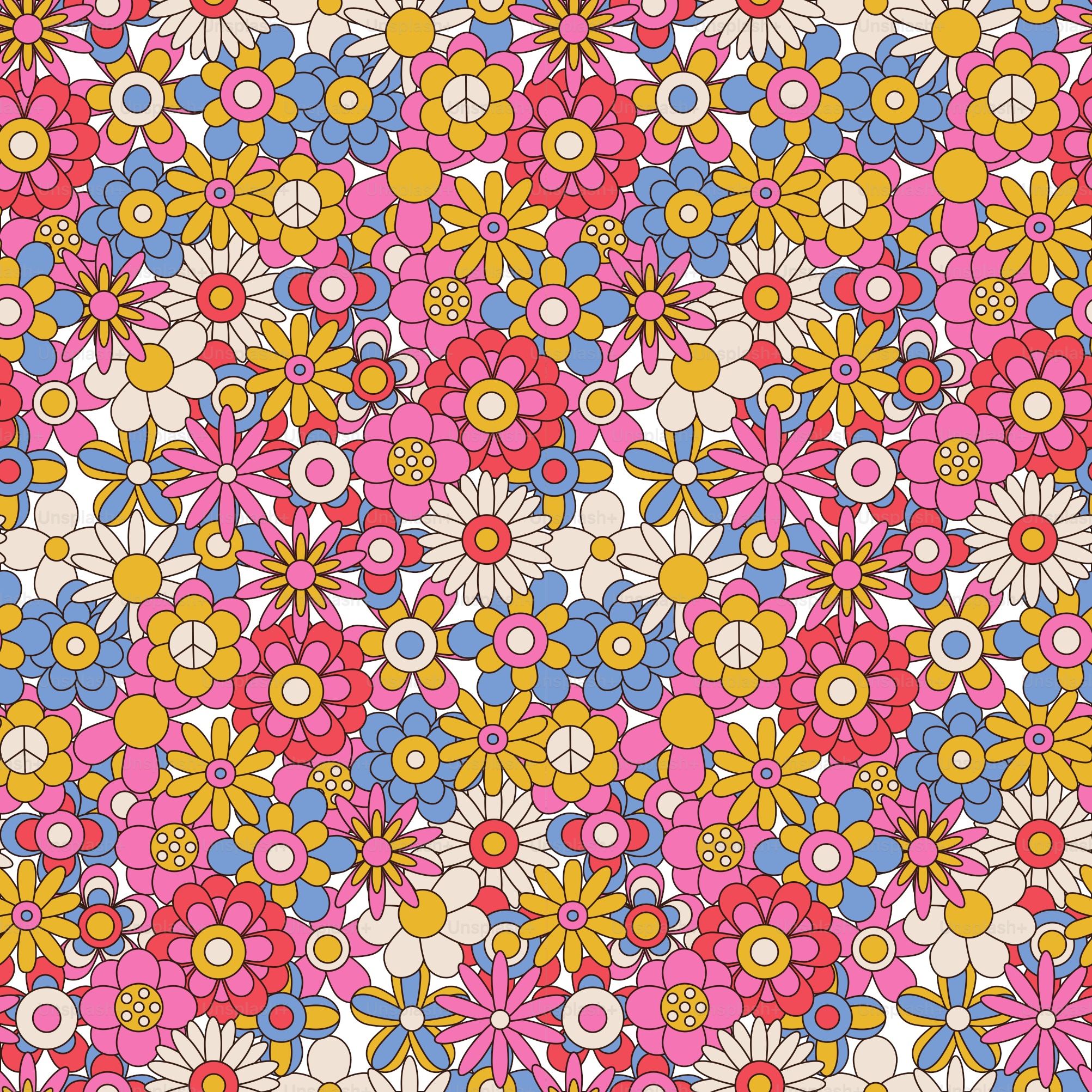 60s and 70s retro vintage flowers seamless pattern. Floral background ...