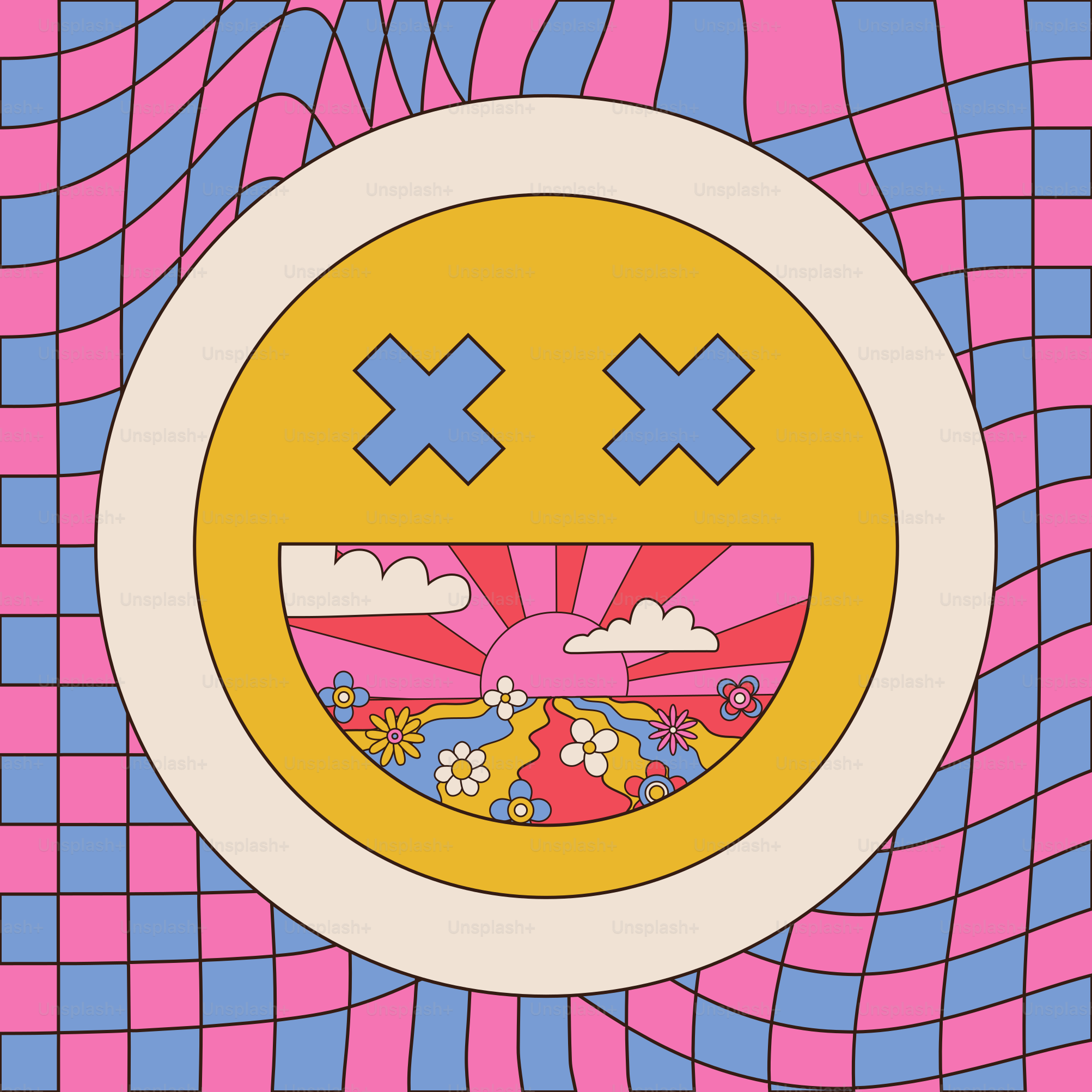 Card with bog smile face and groovy landscape in open mouth. Vector ...