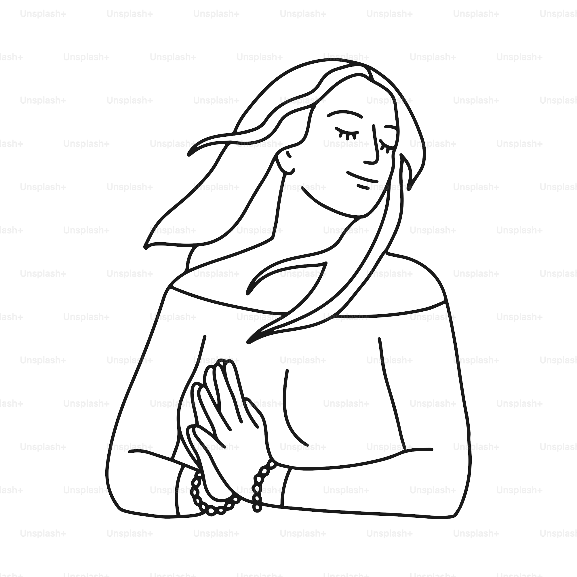 Mono line drawing of happy woman holding namaste gesture hands. A girl ...