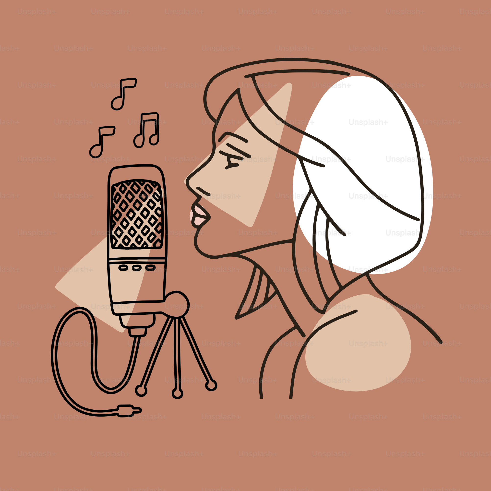 Linear trendy Illustration of a Girl Profile Silhouette singing to a ...