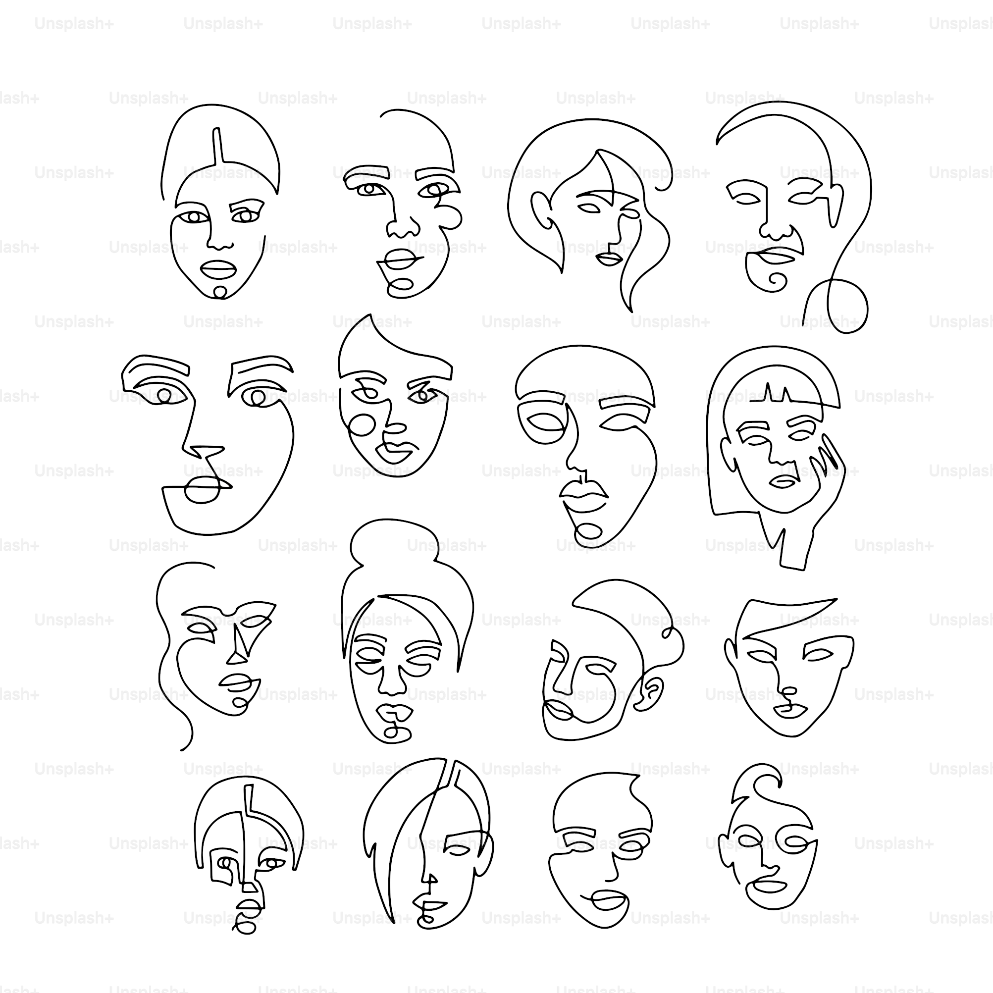 Set linear woman portraits. Continuous linear silhouette of female face ...