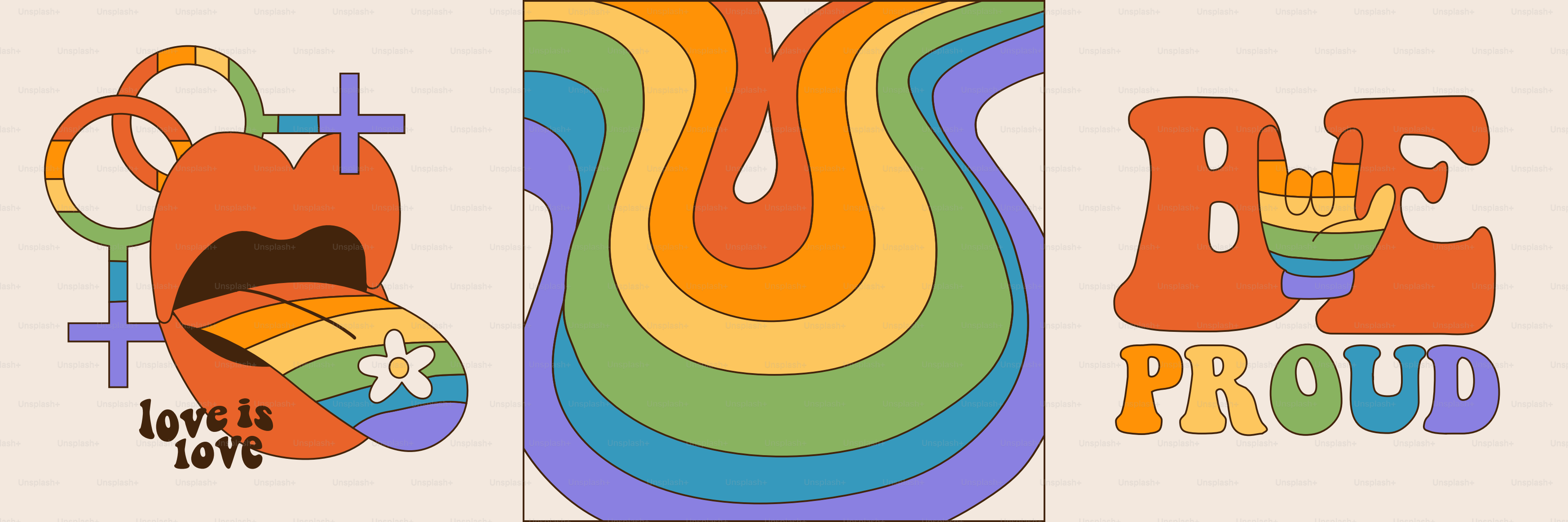 Set of groovy 70s retro post for LGBTQ Pride Month. 80s 90s aesthetic ...