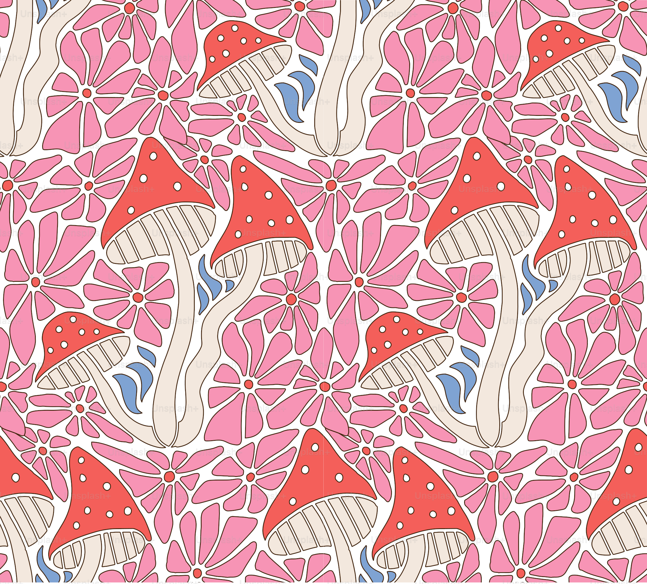 Retro 70s 60s groovy floral hippie mushrooms flower seamless pattern ...