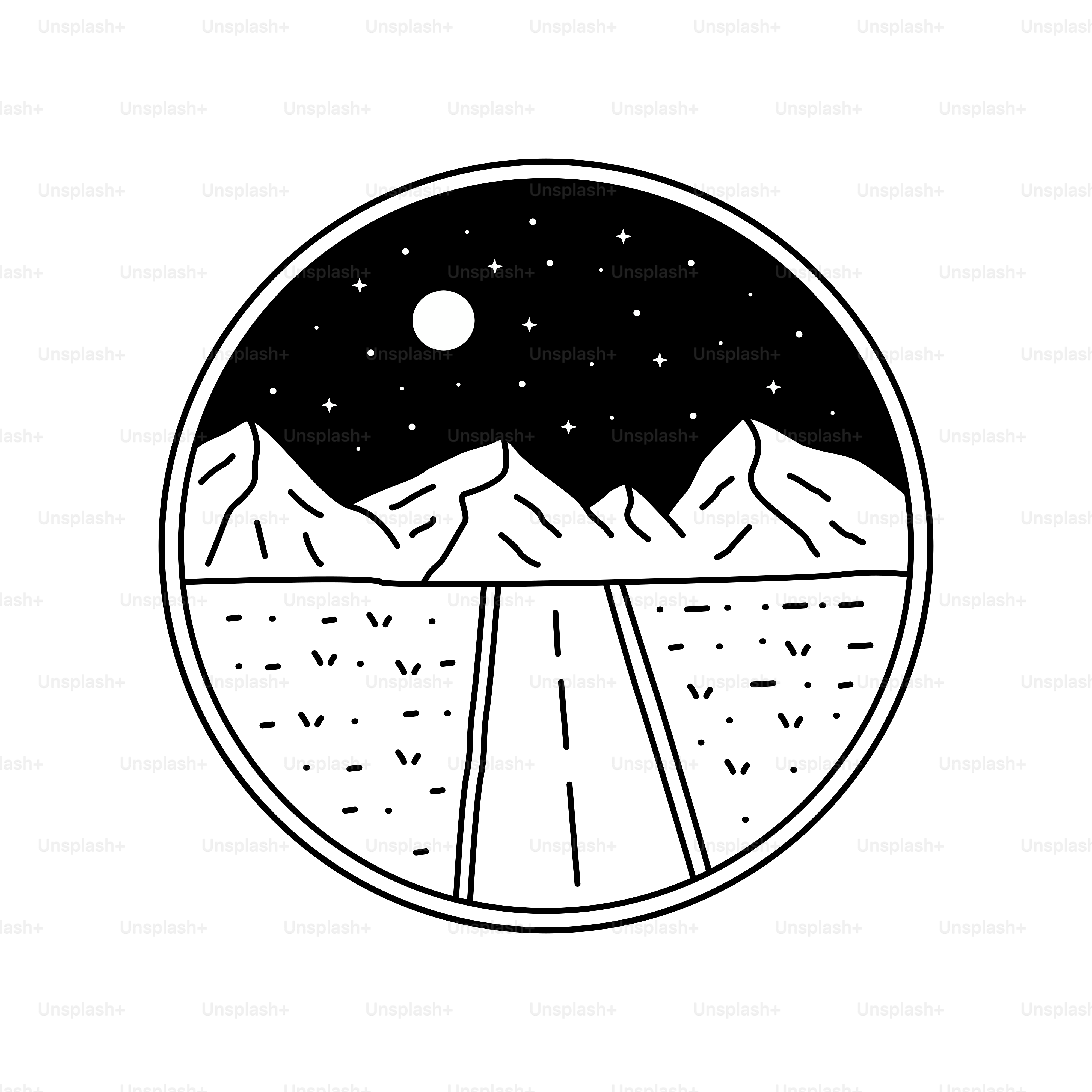 Vue de la route et toile de fond de la montagne en mono dessin au trait ...