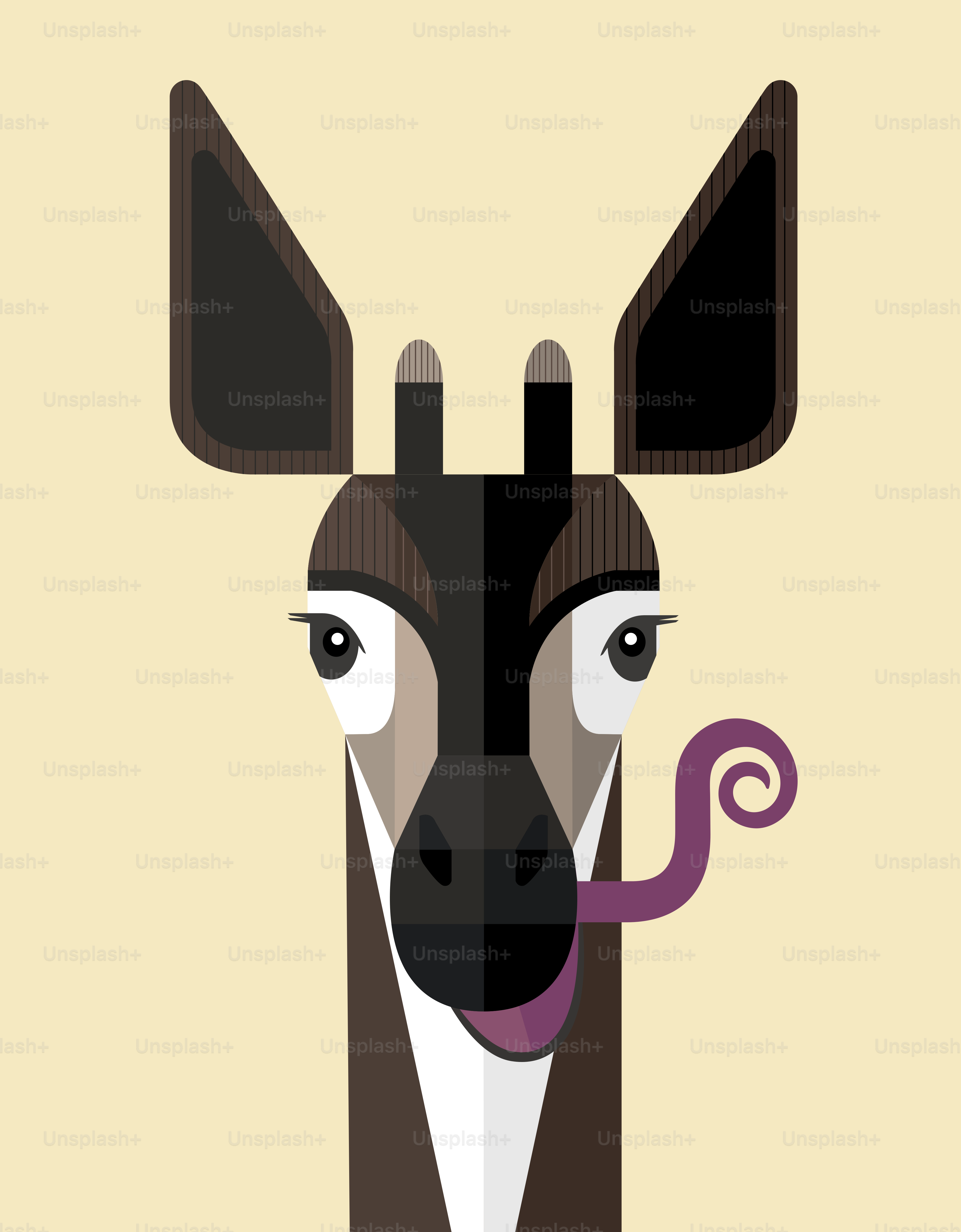 The head of an okapi with a long tongue on a yellow background ...