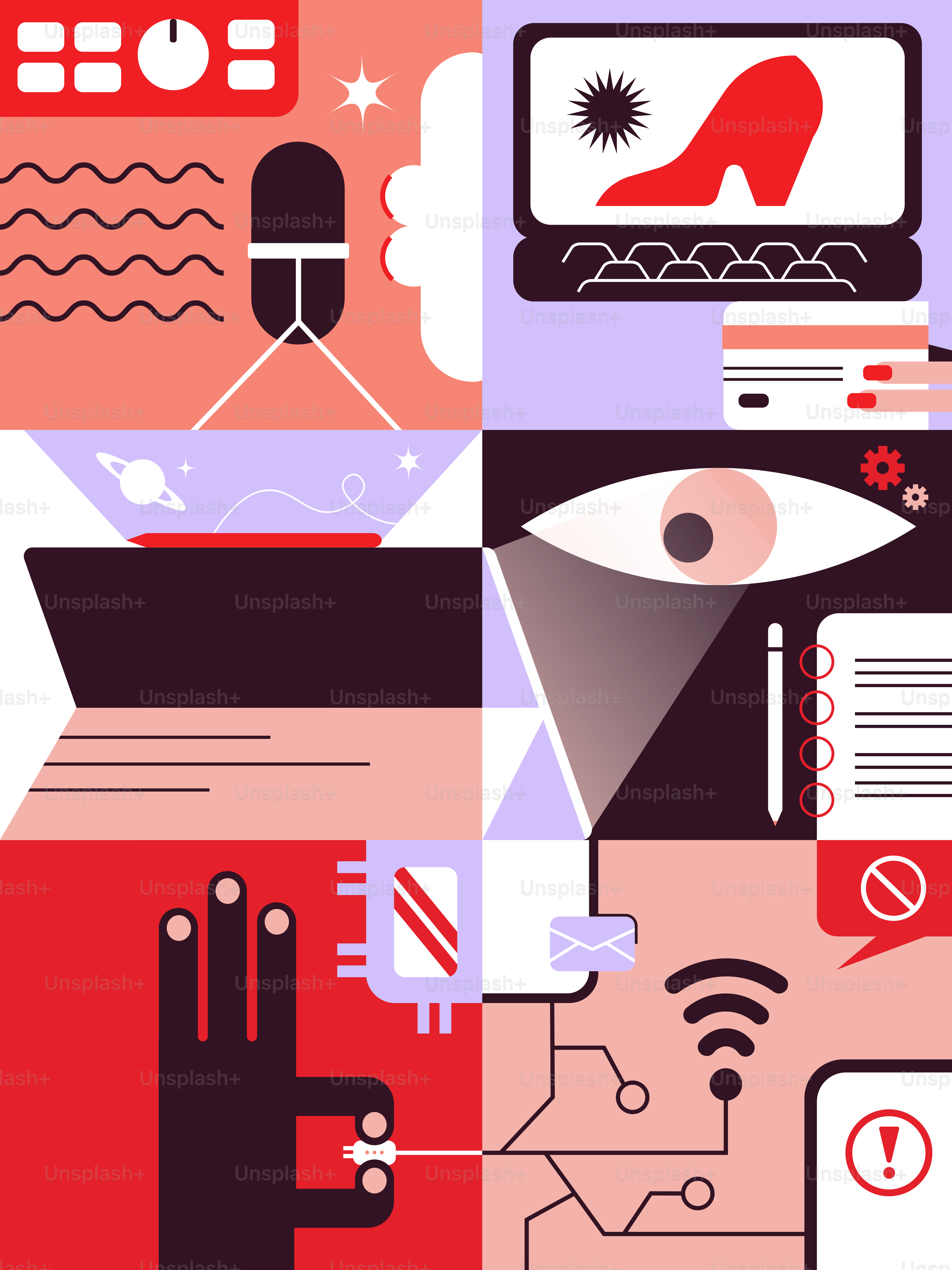A series of illustrations depicting different types of technology photo ...