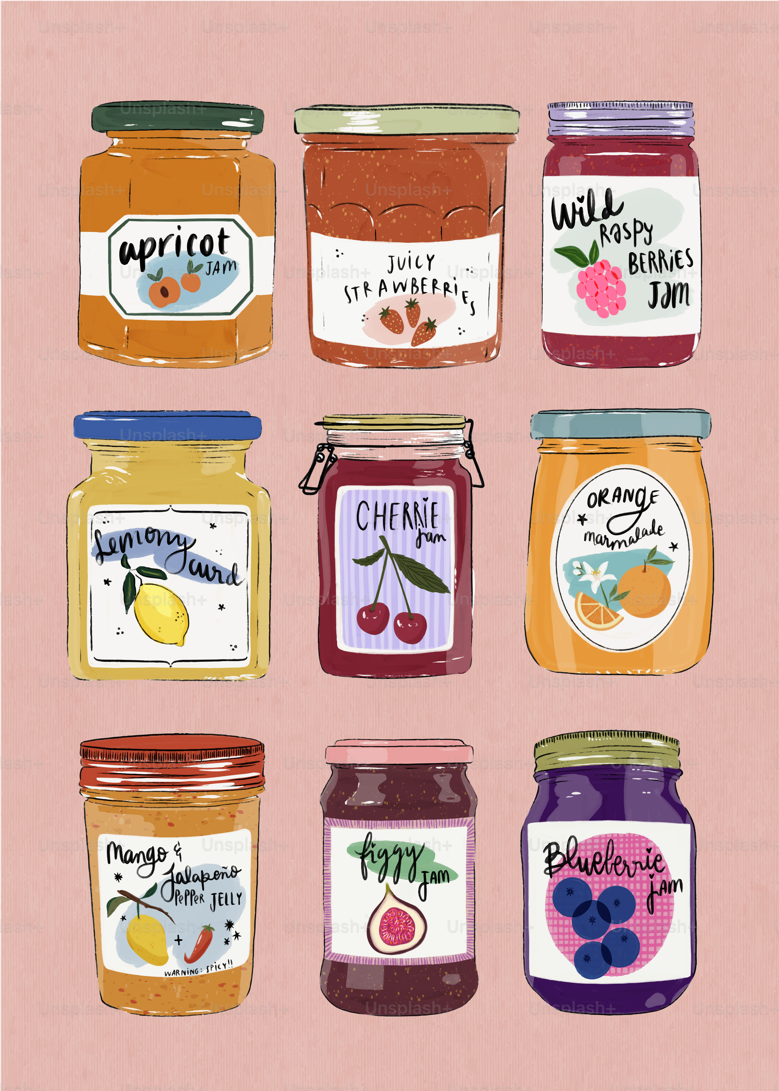 A painting of jars of jams on a pink background vector – Jam Image on ...