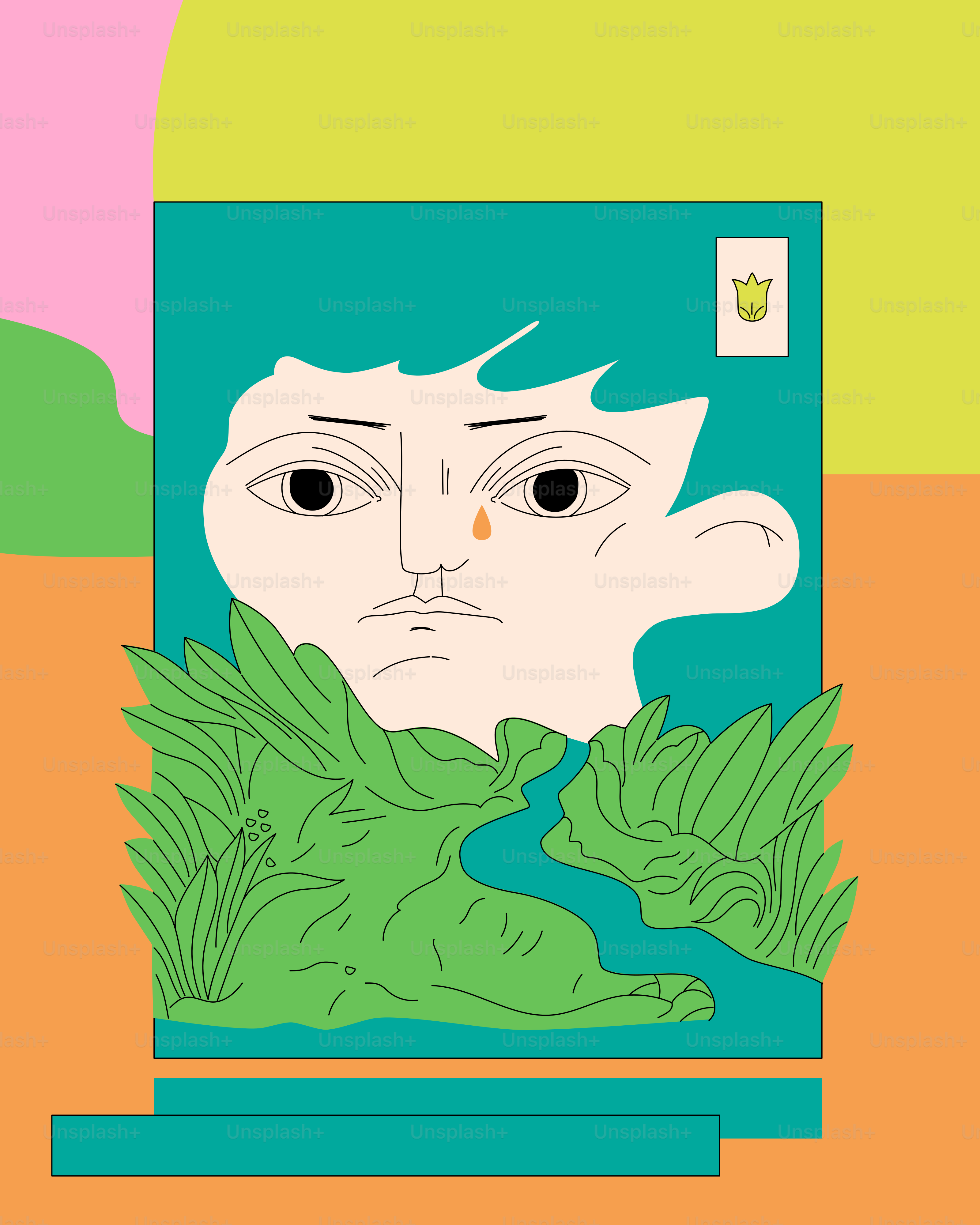 Un disegno del volto di un uomo con una pianta verde di fronte a lui ...