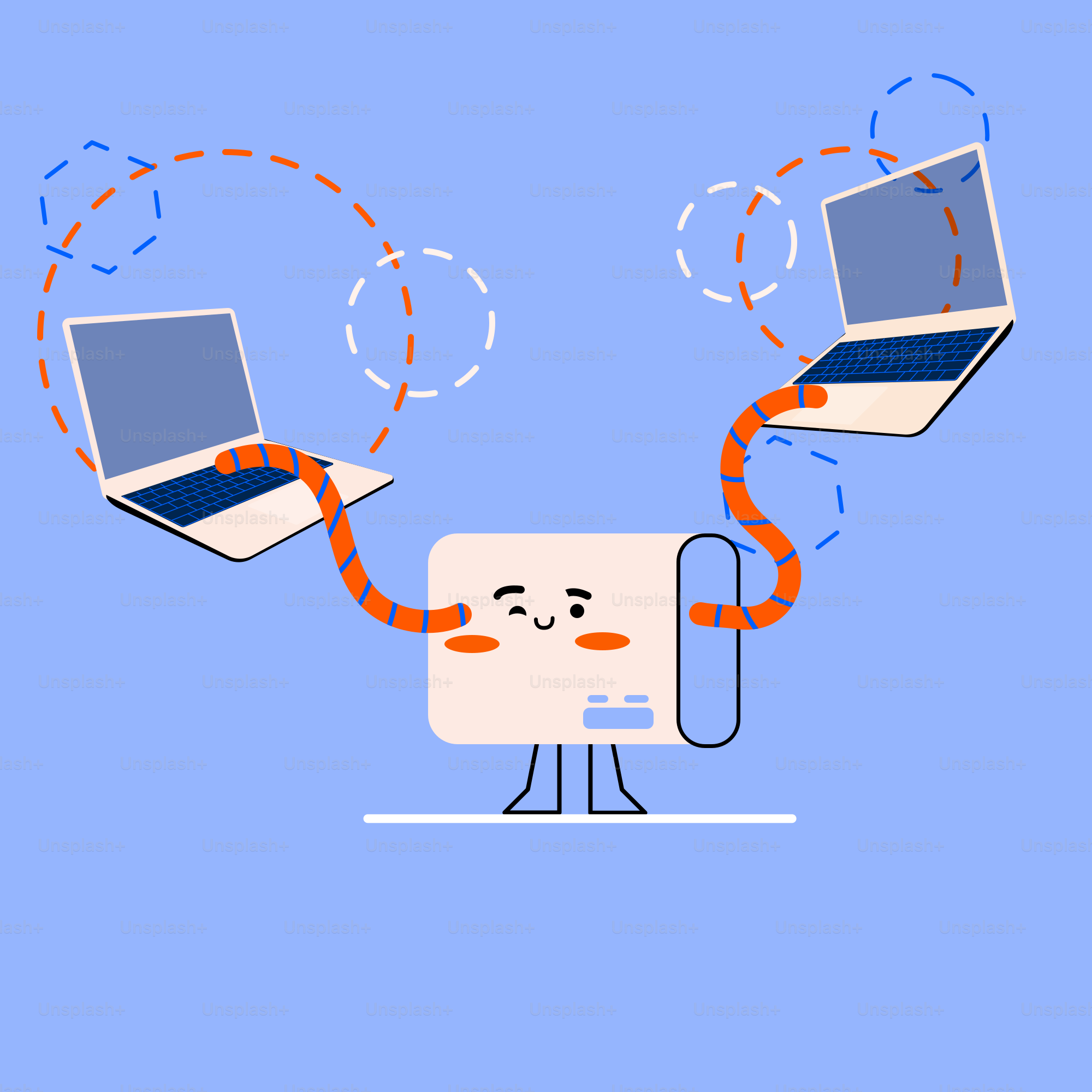 Two laptops connected to each other on a blue background vector ...