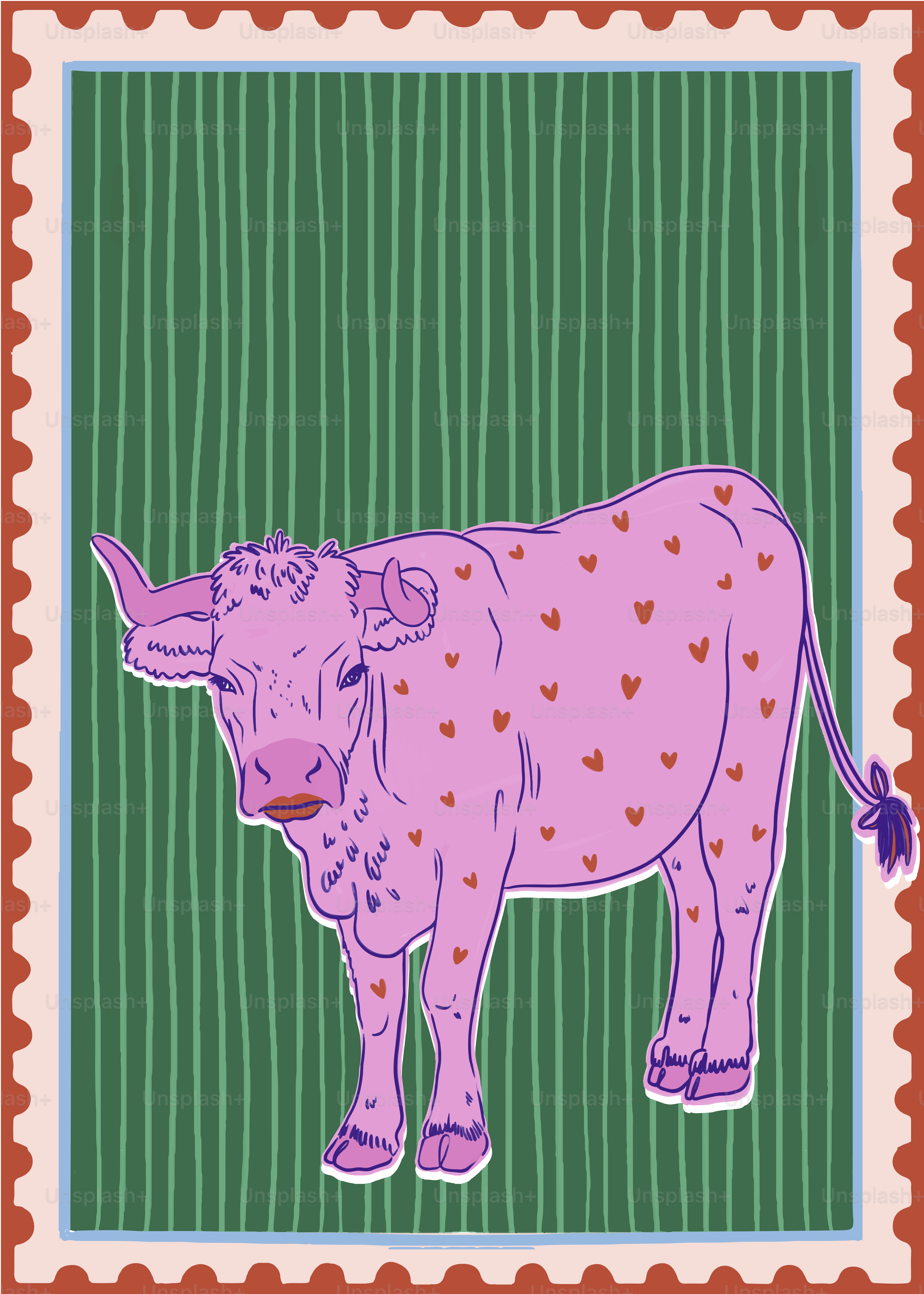 Un dibujo de una vaca rosa con corazones vector – Imagen de Arte ...