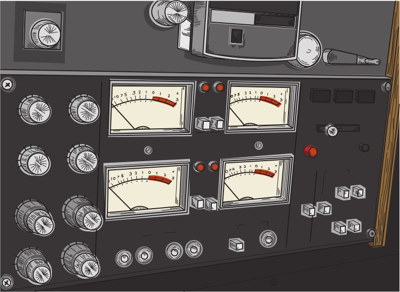 A retro piece of audio equipment featuring dials, buttons and knobs ...