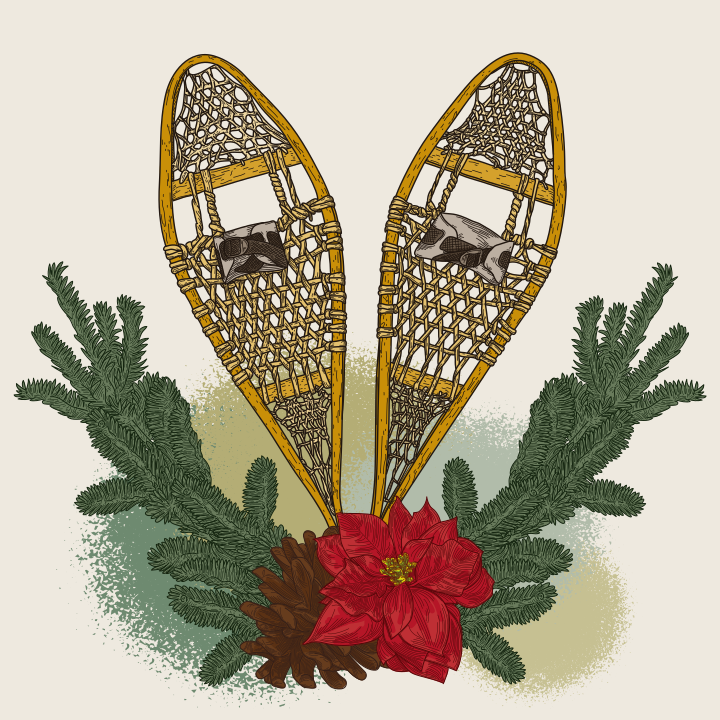 Highly detailed line artwork of snowshoes with other decorative ...